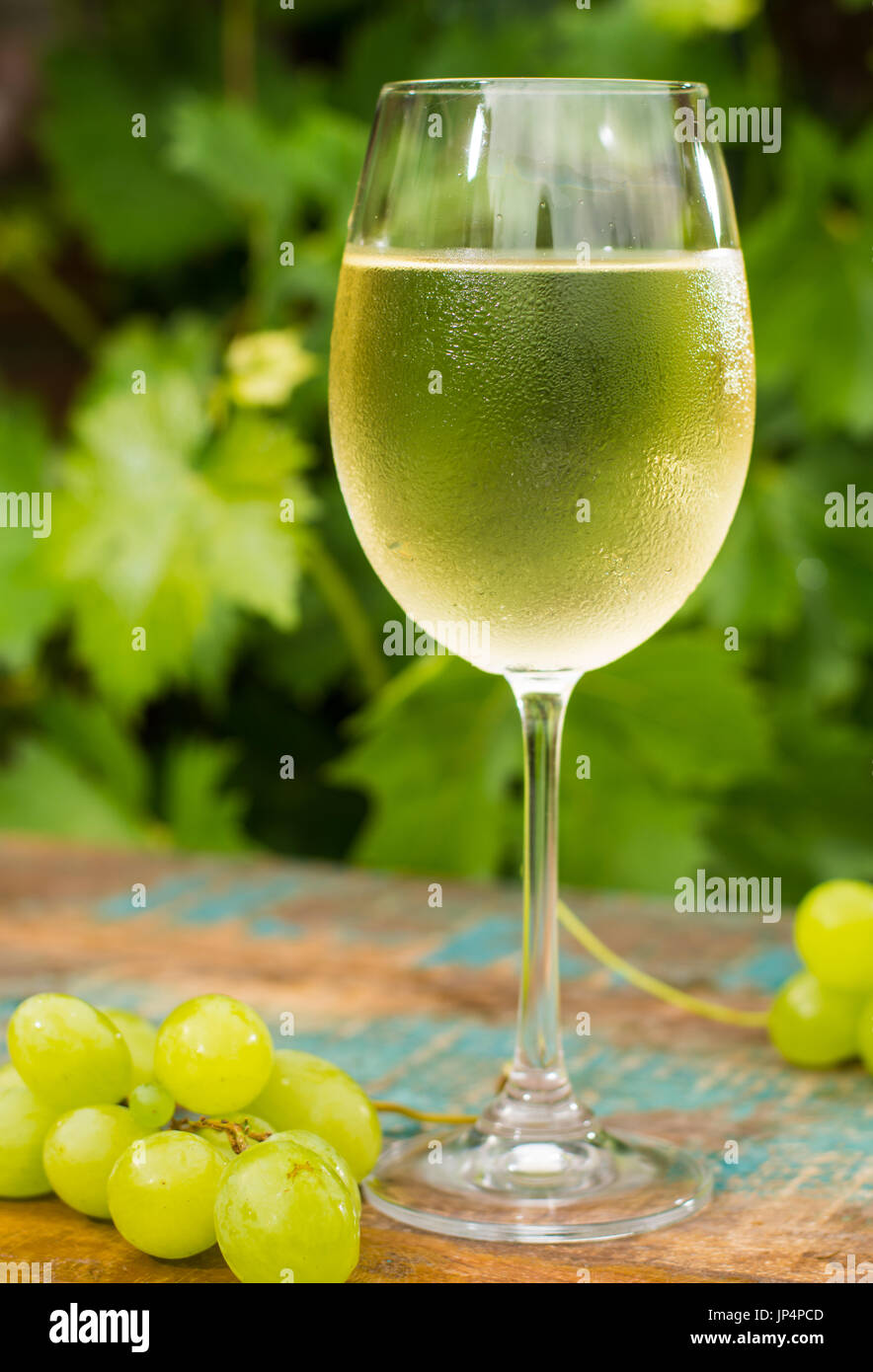 Wine glass with ice cold white wine, outdoor terrace, wine tasting in ...