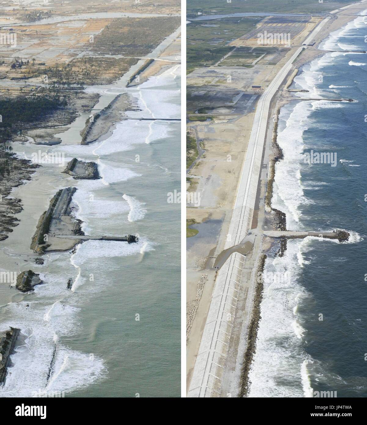 SENDAI, Japan - The severed coastal breakwater (L) in the town of ...