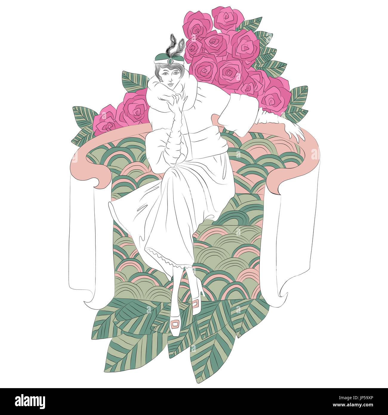 Beautiful fashion woman with flowers in retro style. Coloring book ...