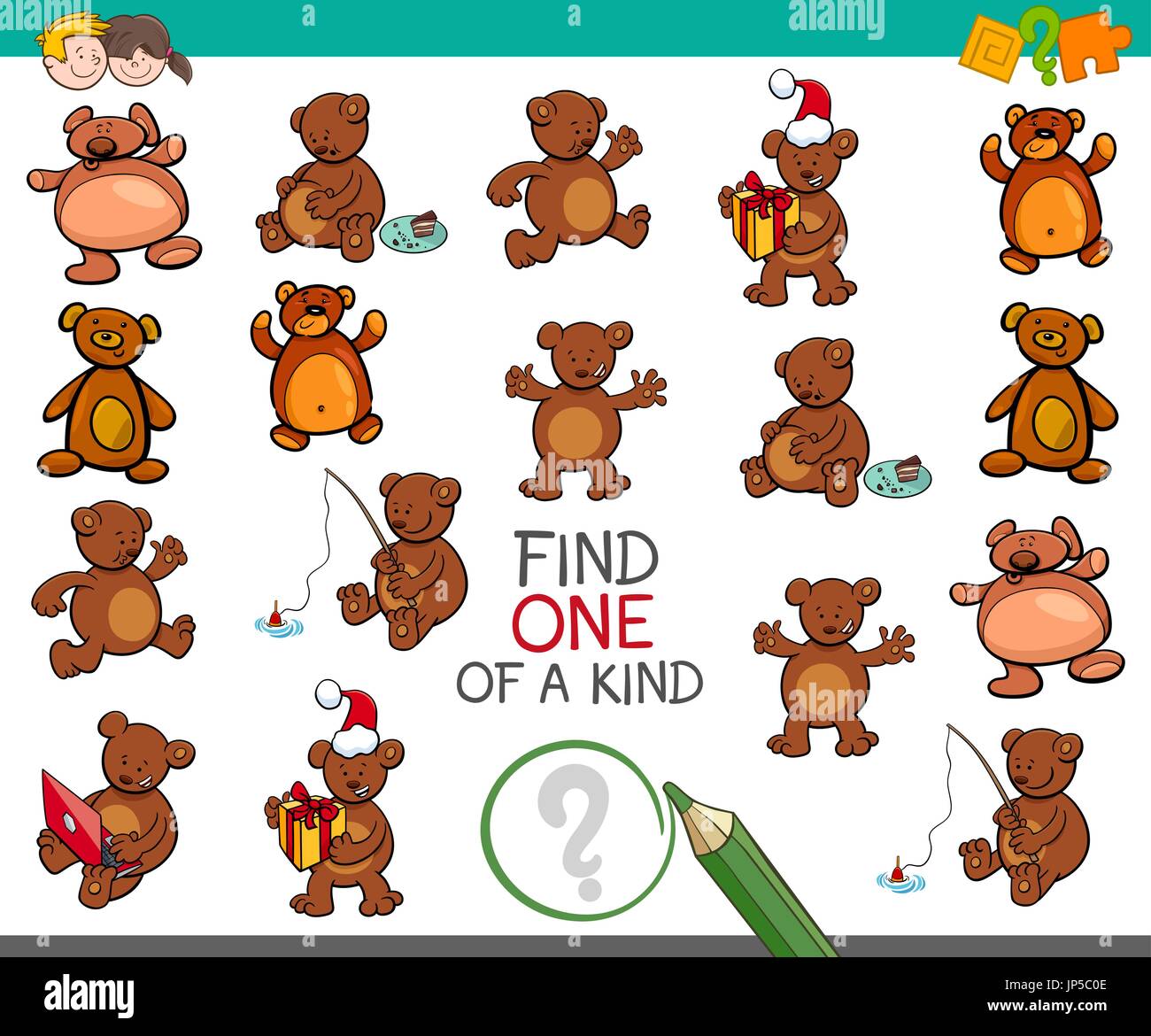 Cartoon Illustration of Find One of a Kind Educational Activity for ...