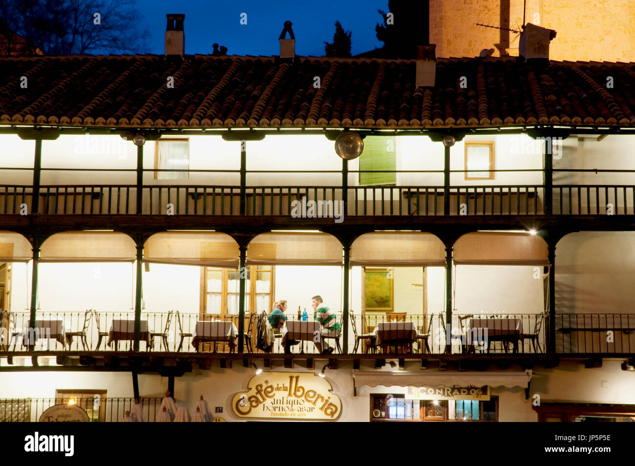 Typical meson in Plaza Mayor, night view. Chinchón, Madrid province ...