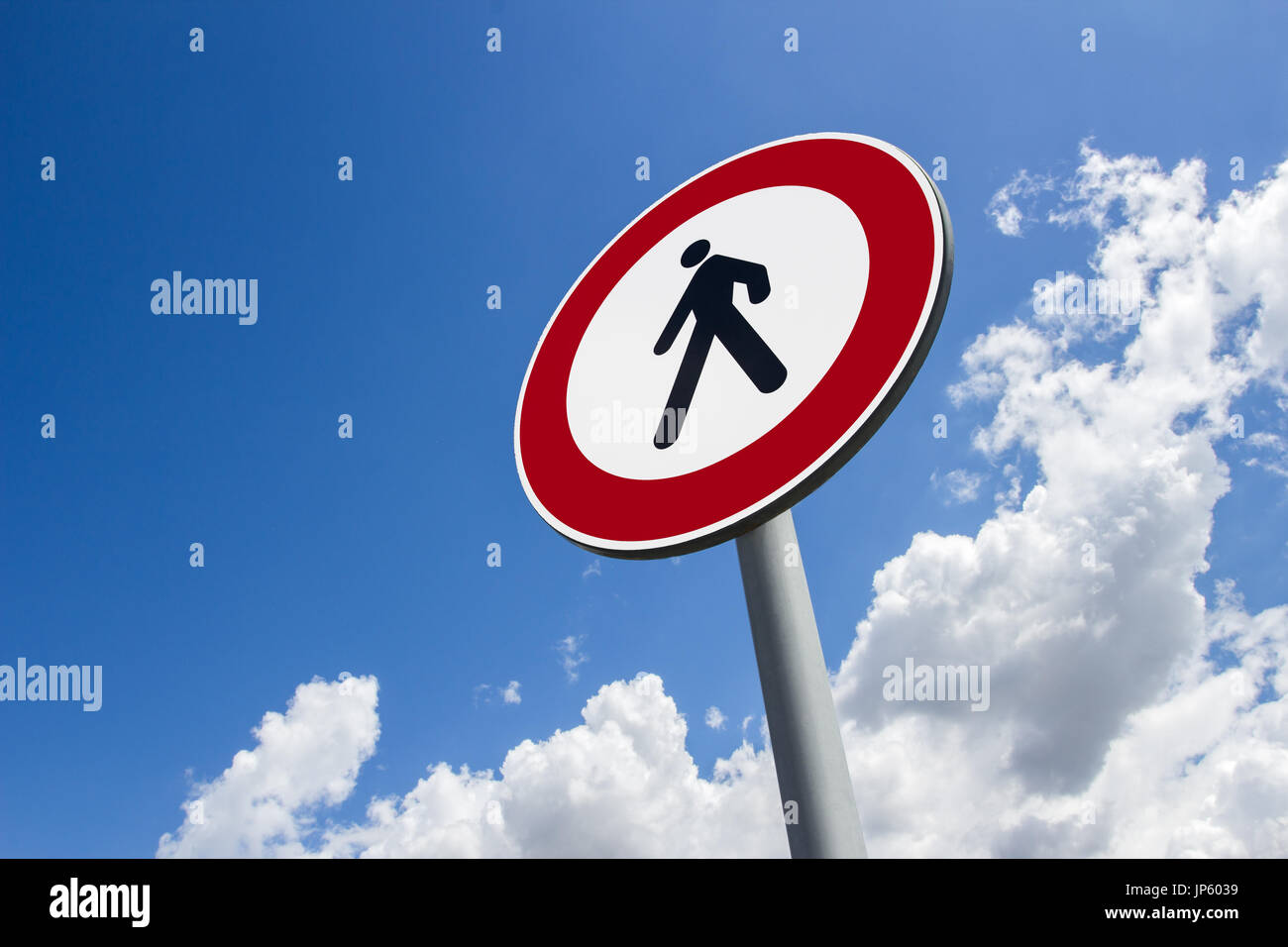 Prohibition signal on sky background. Forbid the pedestrians on that ...