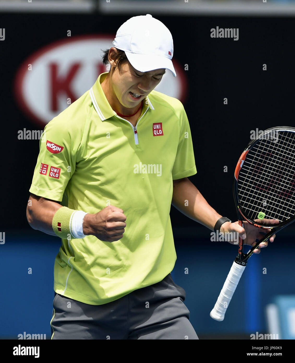 MELBOURNE, Australia - Kei Nishikori of Japan celebrates after taking ...