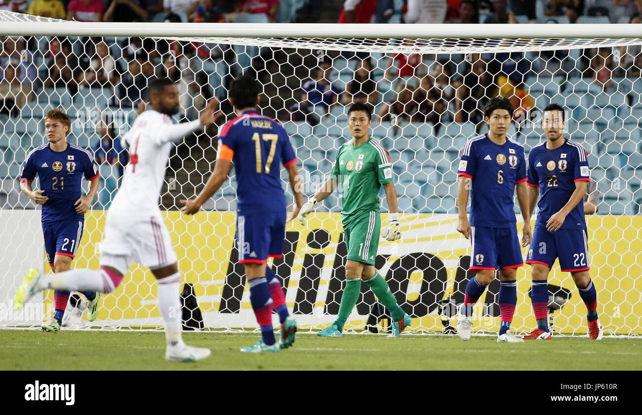 Japan goalkeeper Eiji Kawashima (3rd from R) and other Blue Samurai ...