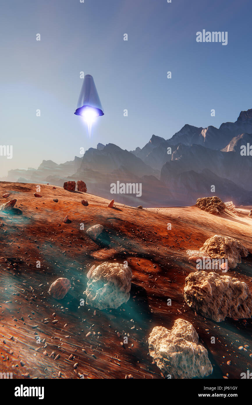 Mars lander, spaceship over the Martian landscape, 3d illustration ...