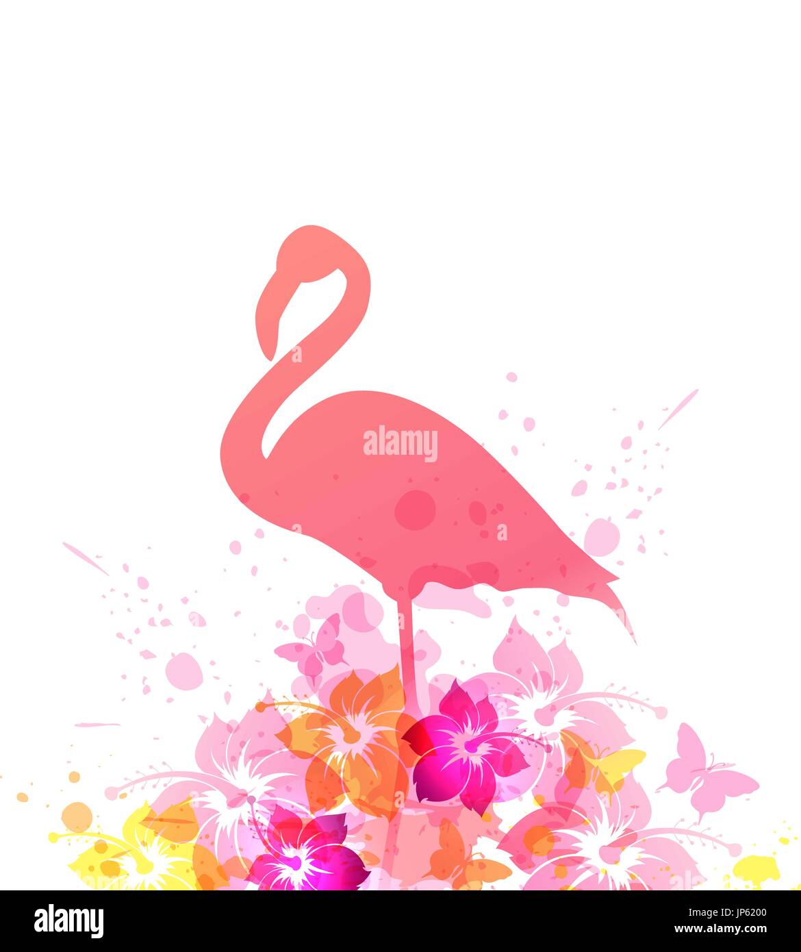 Abstract vector summer background with pink flamingo and tropical ...