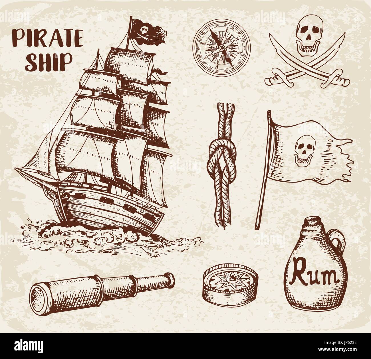 Set of vector vintage hand drawn pirates design elements Stock Vector ...