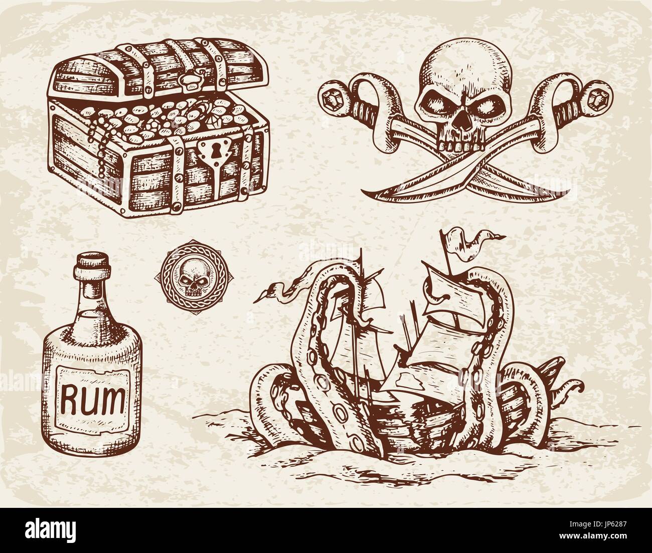 Set of vector hand drawn pirates design elements. Vintage style Stock ...