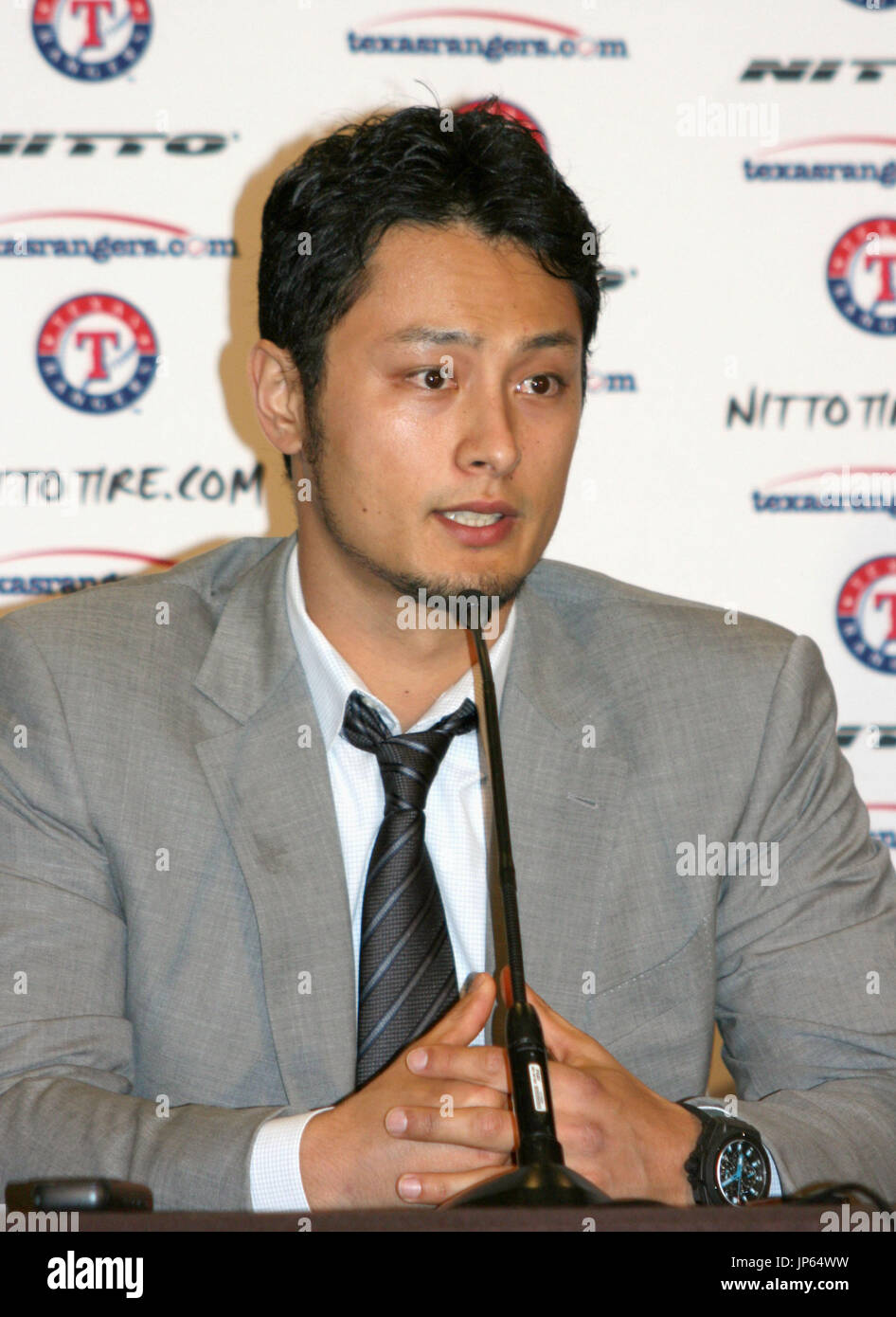 Japanese pitcher Yu Darvish of the Texas Rangers speaks to the press in ...