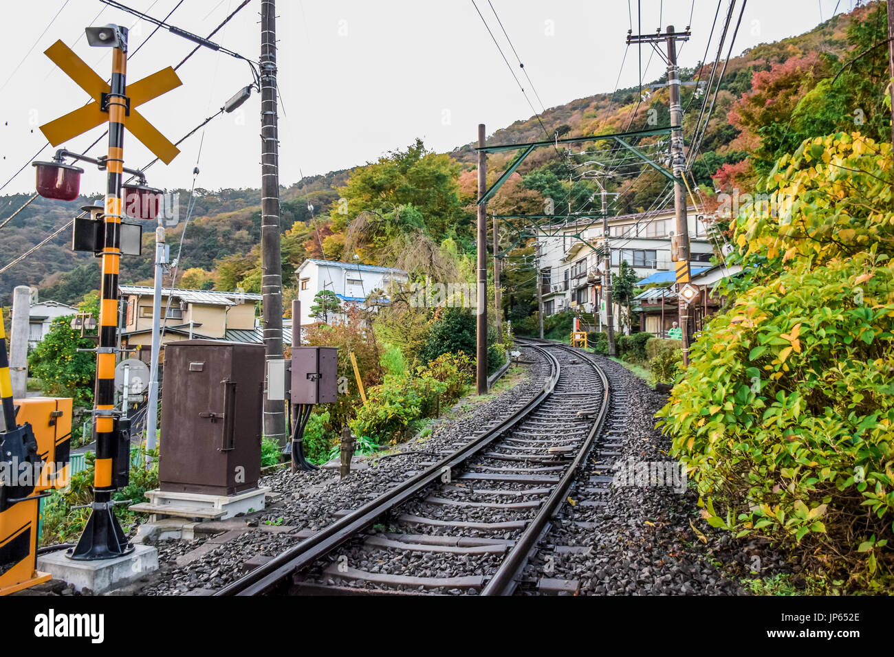 Countryside train track (railway) cross the city of Hakone in Japan ...