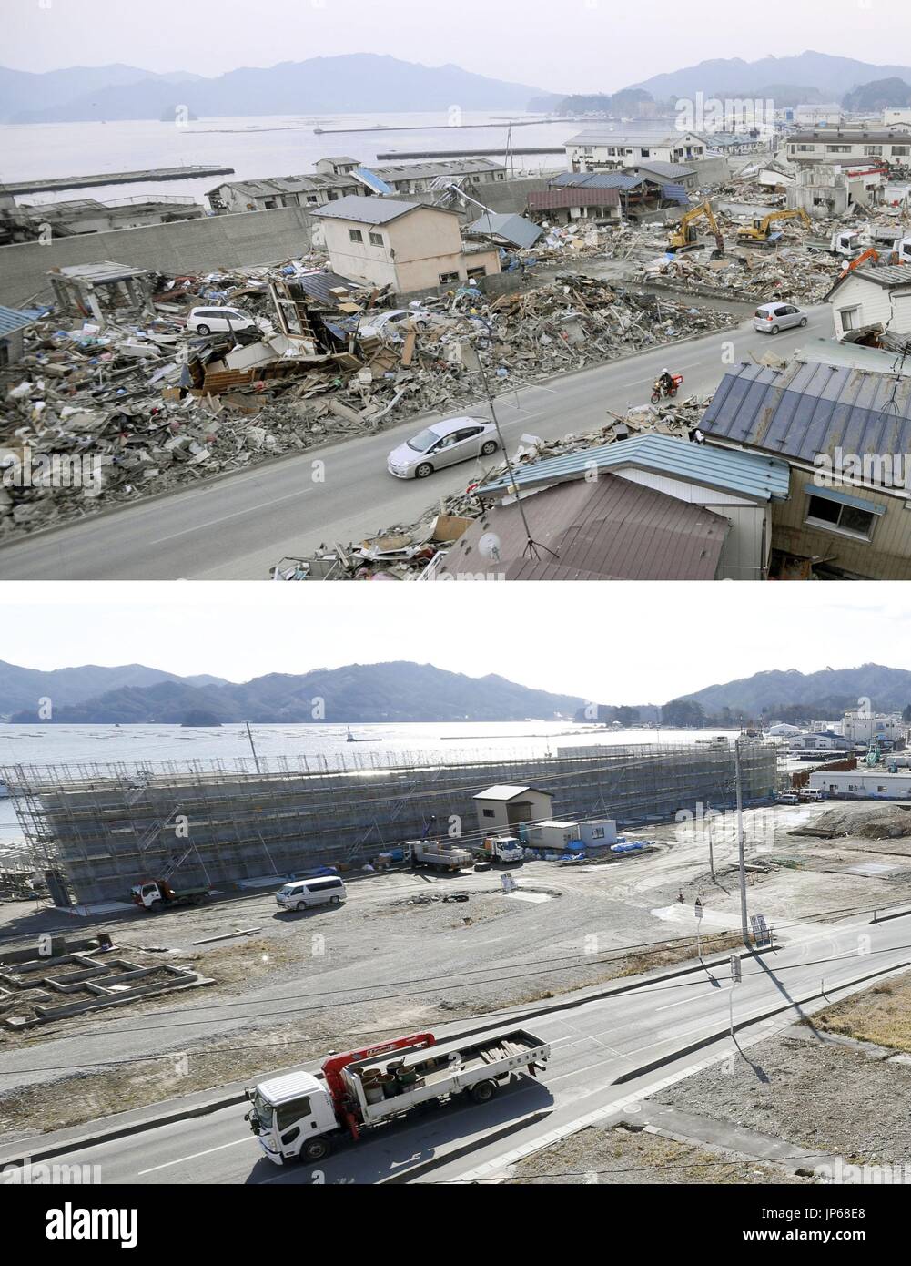 Combination photo shows the coastal area of the northeastern Japanese ...