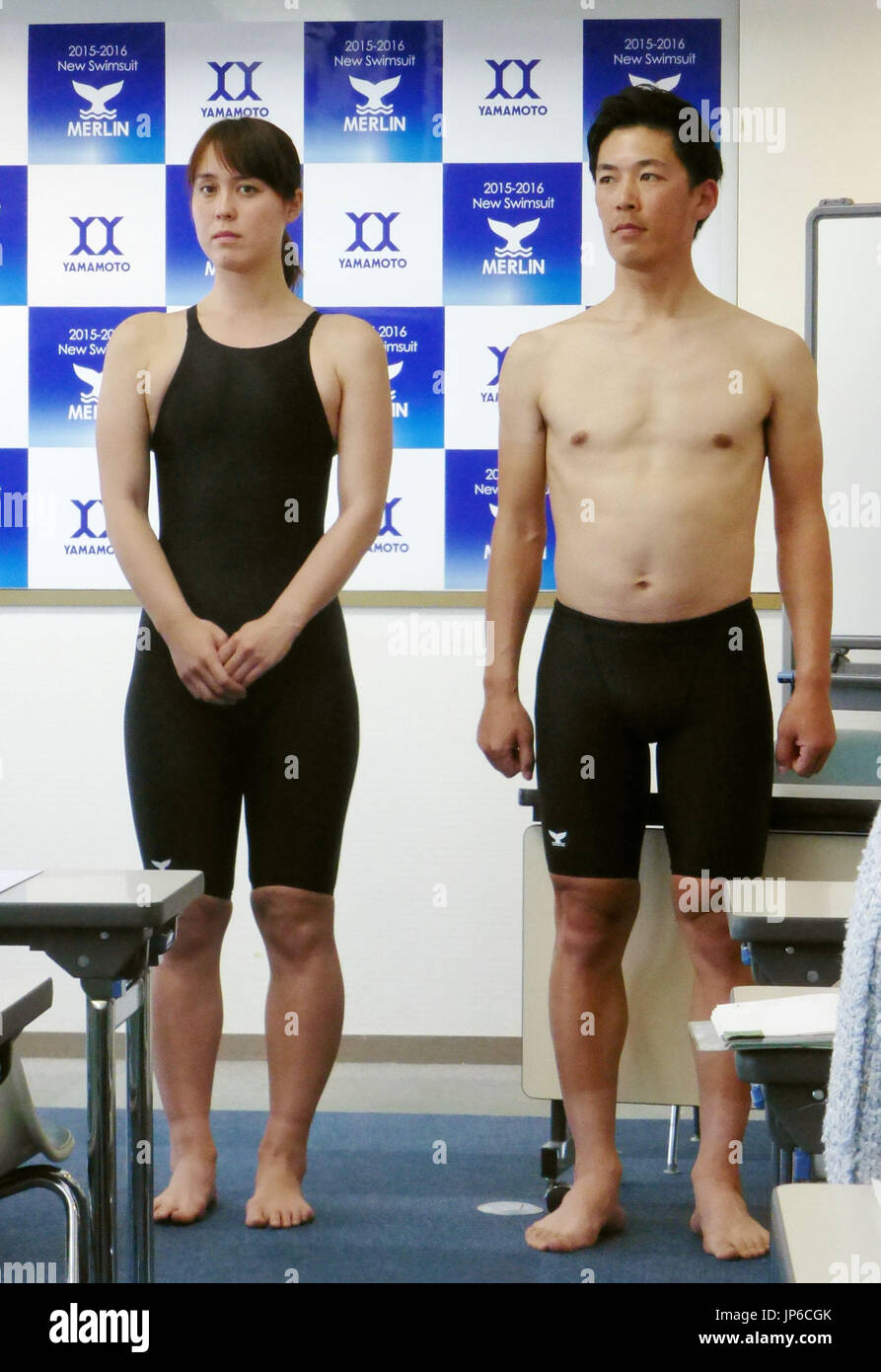 Two athlete models demonstrate new swimsuits unveiled by Yamamoto Corp ... Two athlete models demonstrate new swimsuits unveiled by Yamamoto Corp ...