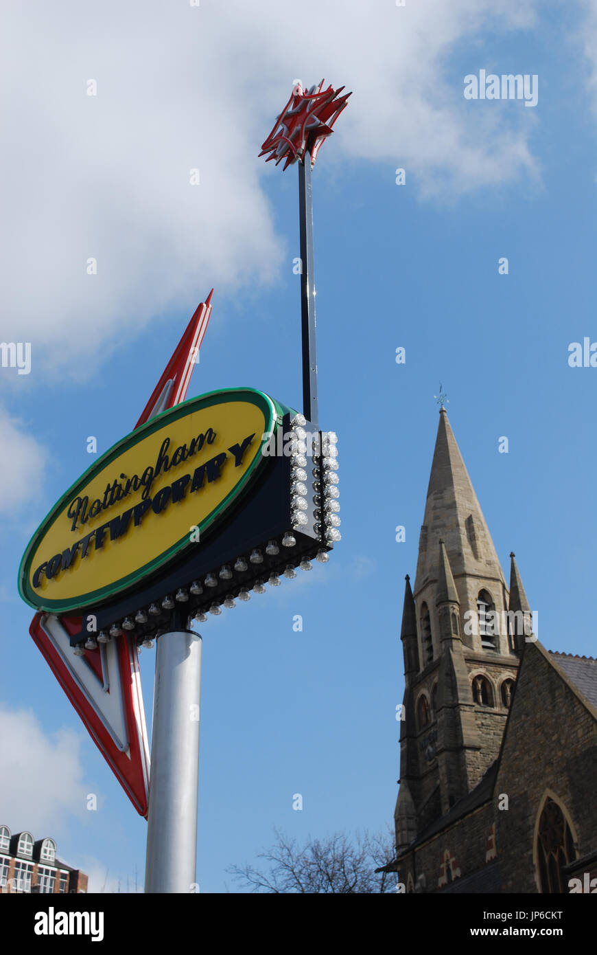 Sign for Nottingham Contemporary art gallery with St Mary's Church ...