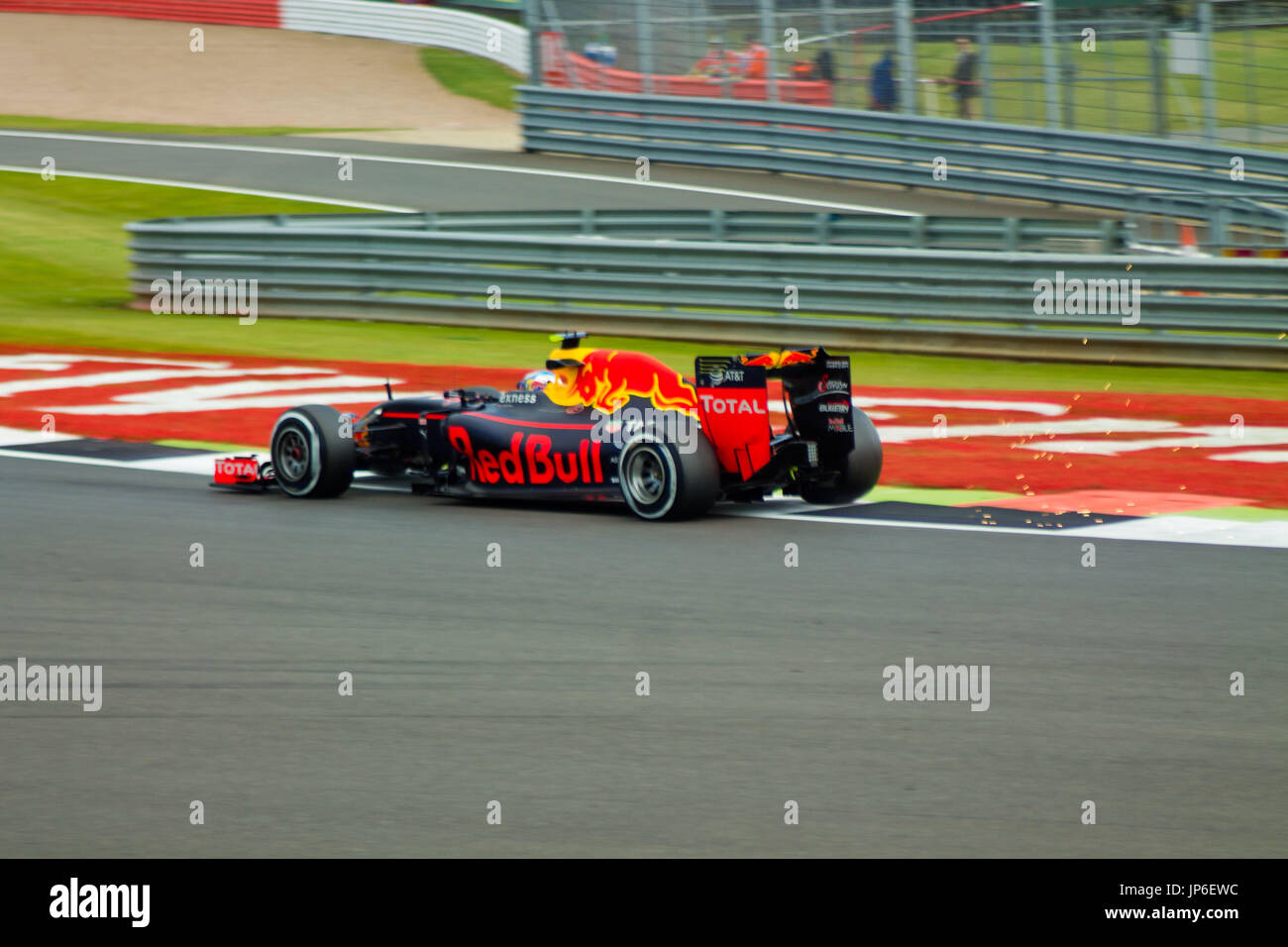 Red Bull at the the first corner of the Silverstone Grand Prix circuit ...
