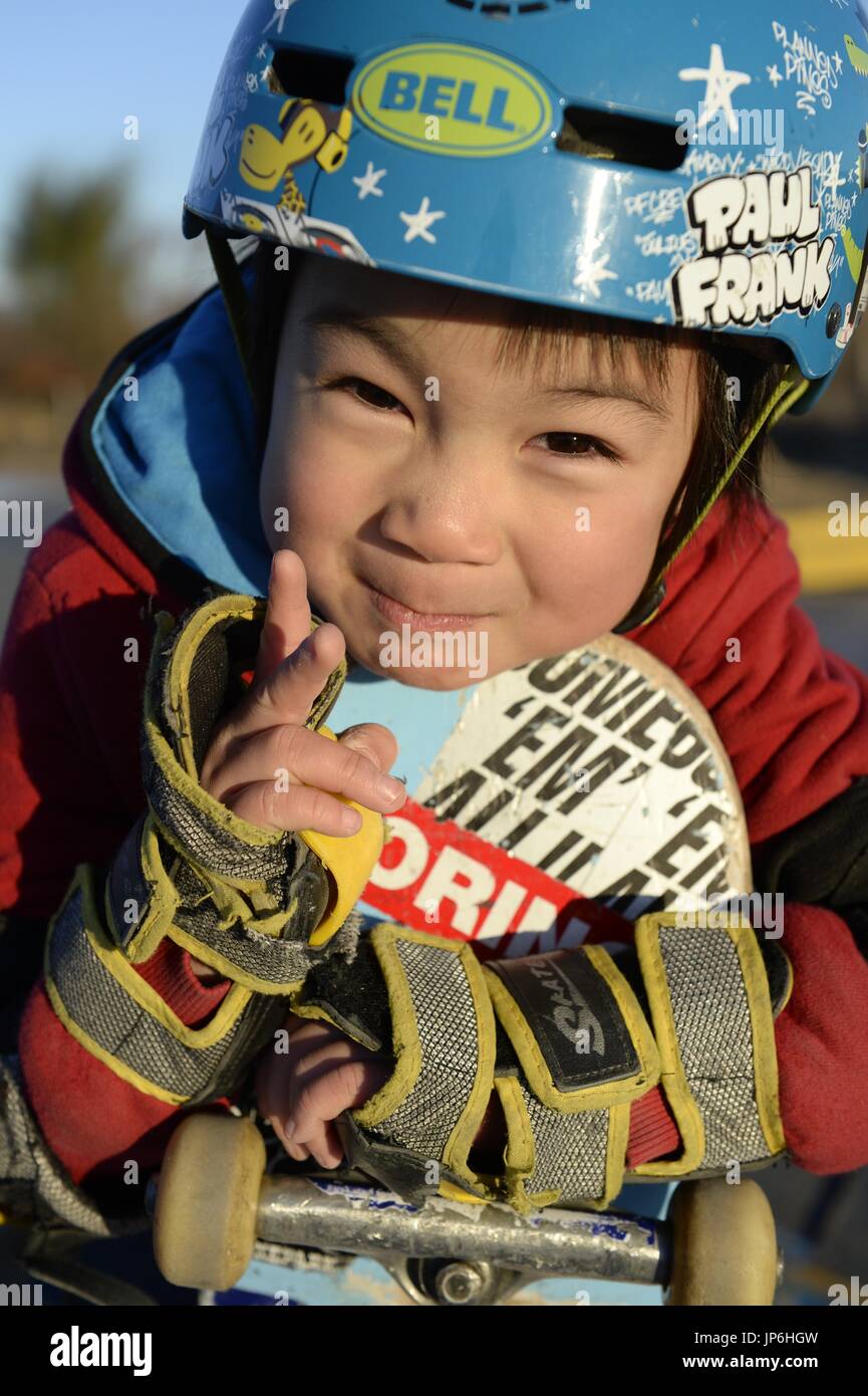 Ruka Mizunuma, 6, poses for a photo after succeeding at a skateboarding ...