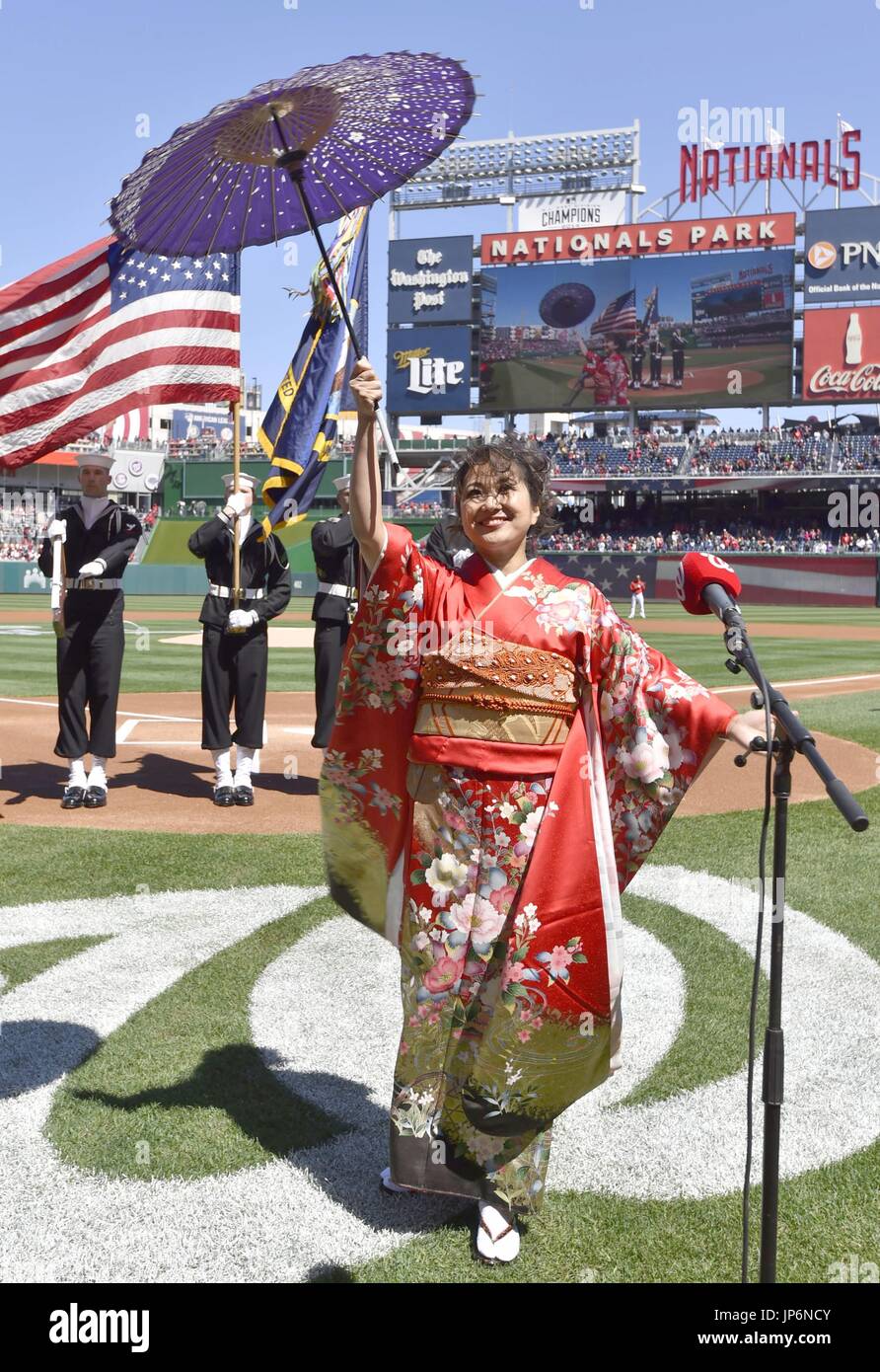 Japanese opera singer Asako Tamura in kimono costume sings the United ...