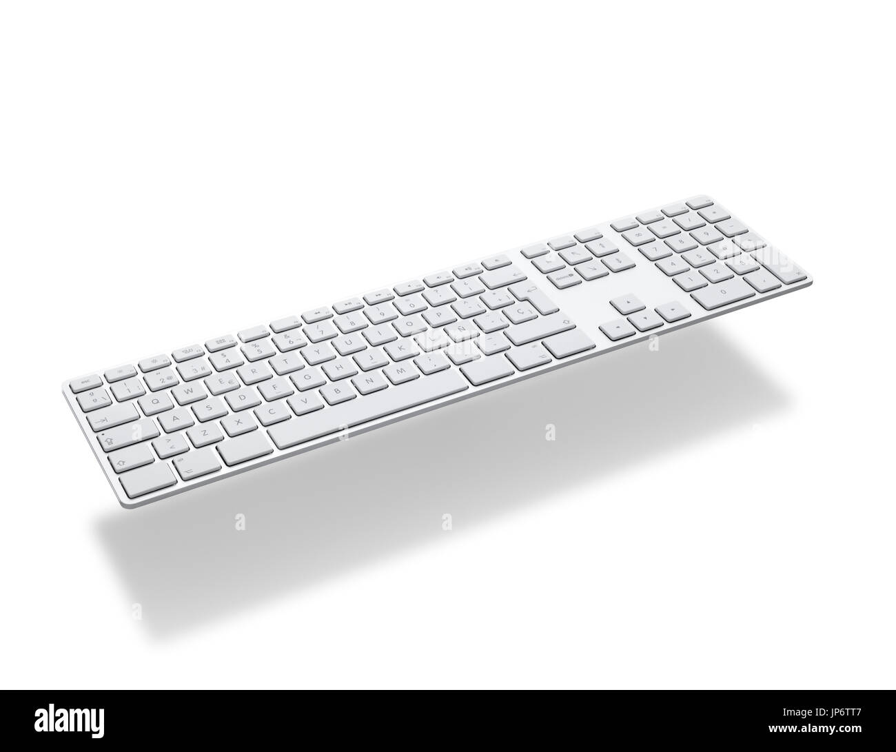 Aluminium keyboard against white background suspended on the air with a ...