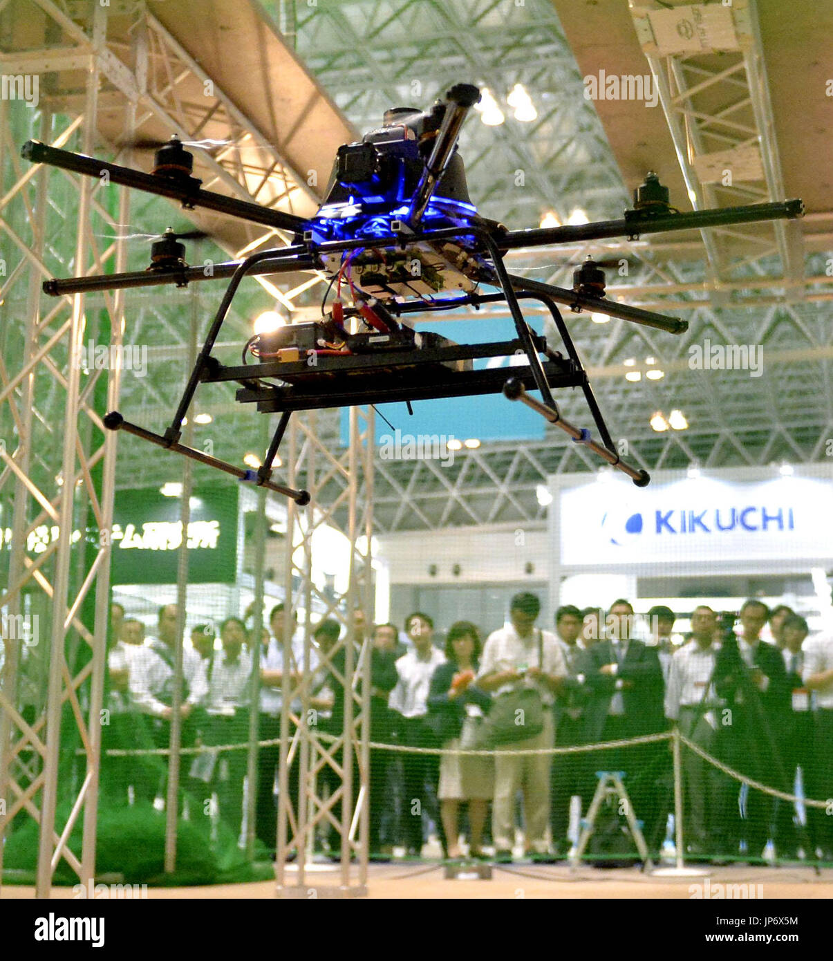 A drone makes a demonstration flight at the International Drone Expo ...