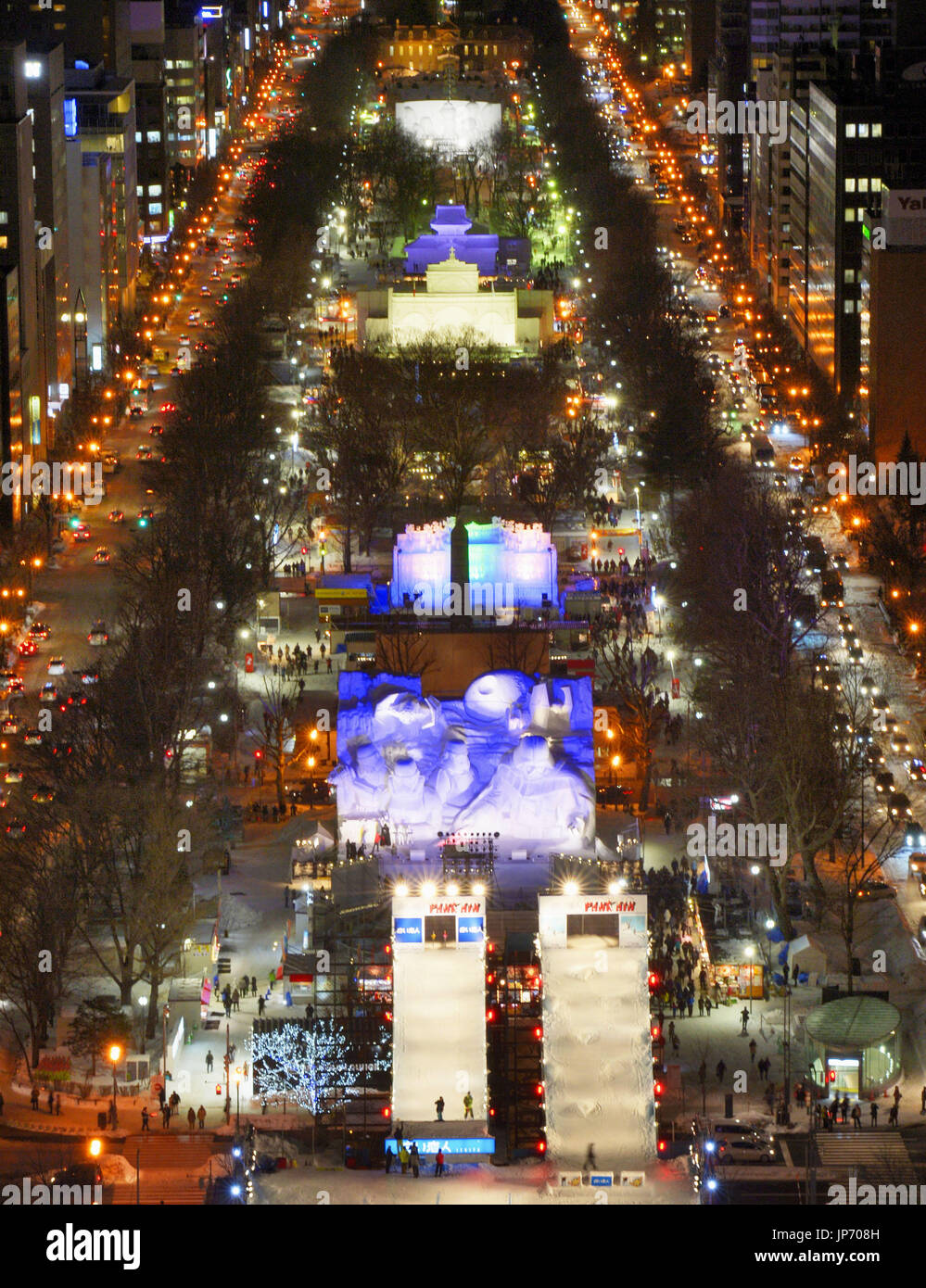 Snow statues installed in a park in the center of the northern Japan ...