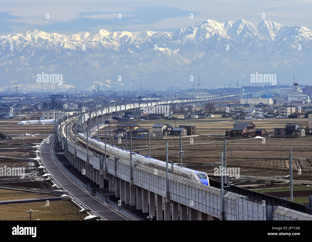 A new Shinkansen bullet train runs for a test operation against the ...