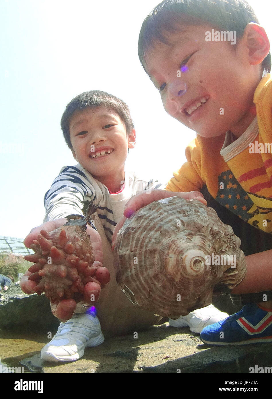 Children touch marine creatures on the man-made Janone Beach of ...