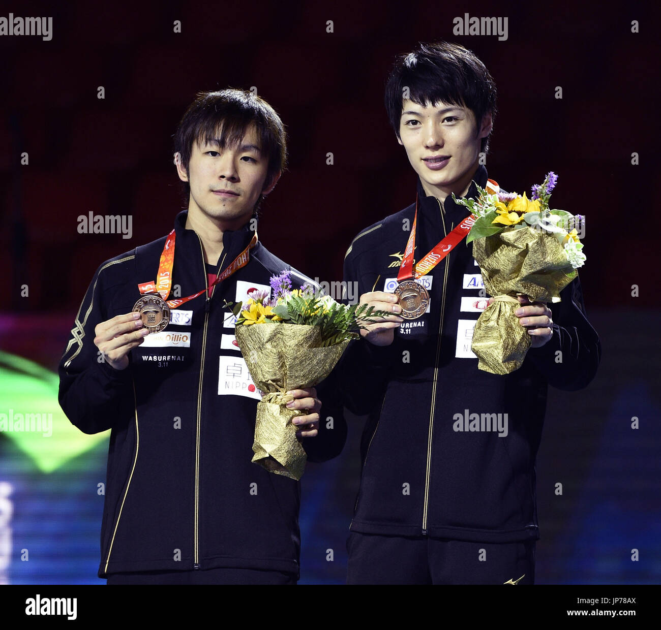 Japan's Kenta Matsudaira (R) and Koki Niwa pose on May 2, 2015 with ...