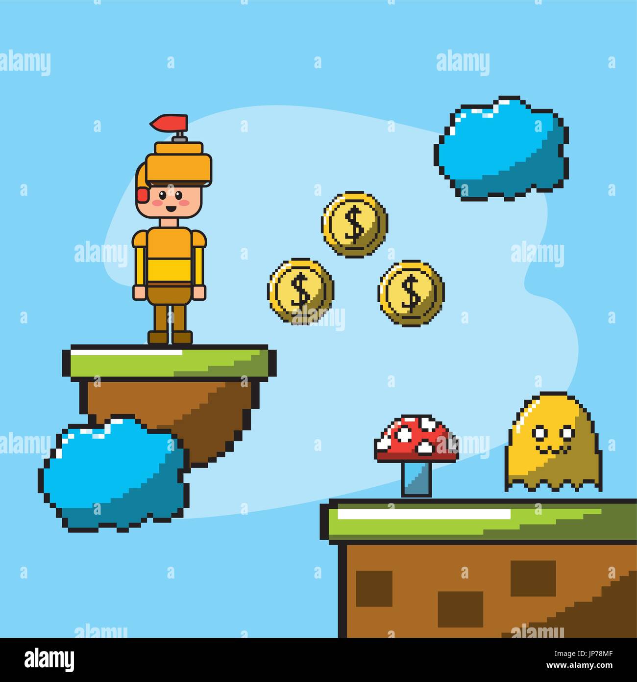 videogame with soldier and coins with character enemies Stock Vector ...