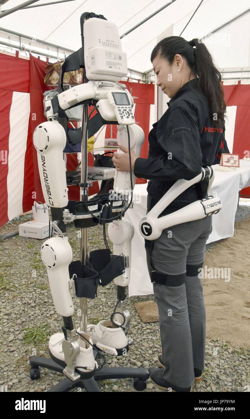 A powered exoskeleton unit is displayed at a groundbreaking ceremony ...