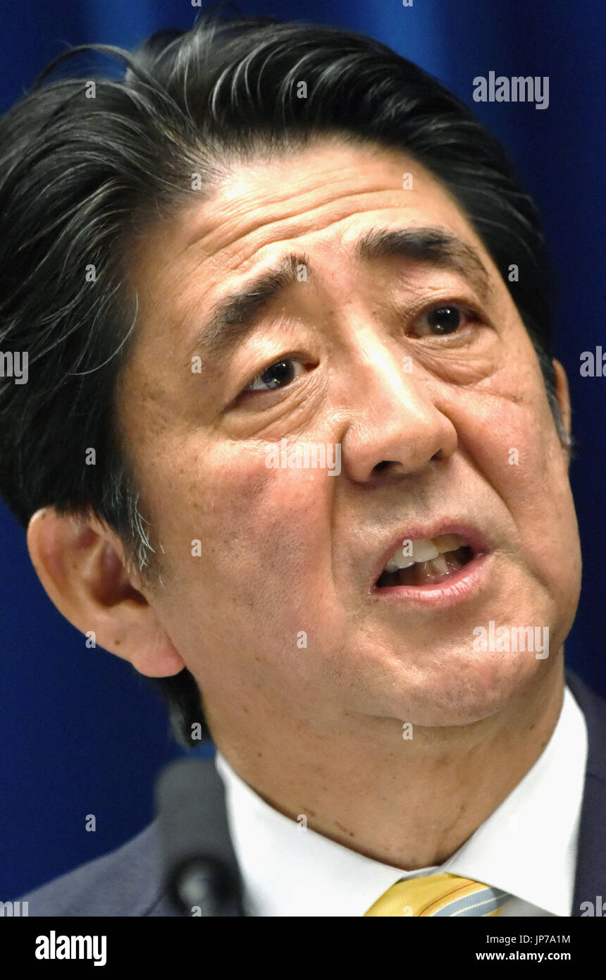 Prime Minister Shinzo Abe holds a press conference at his office in ...