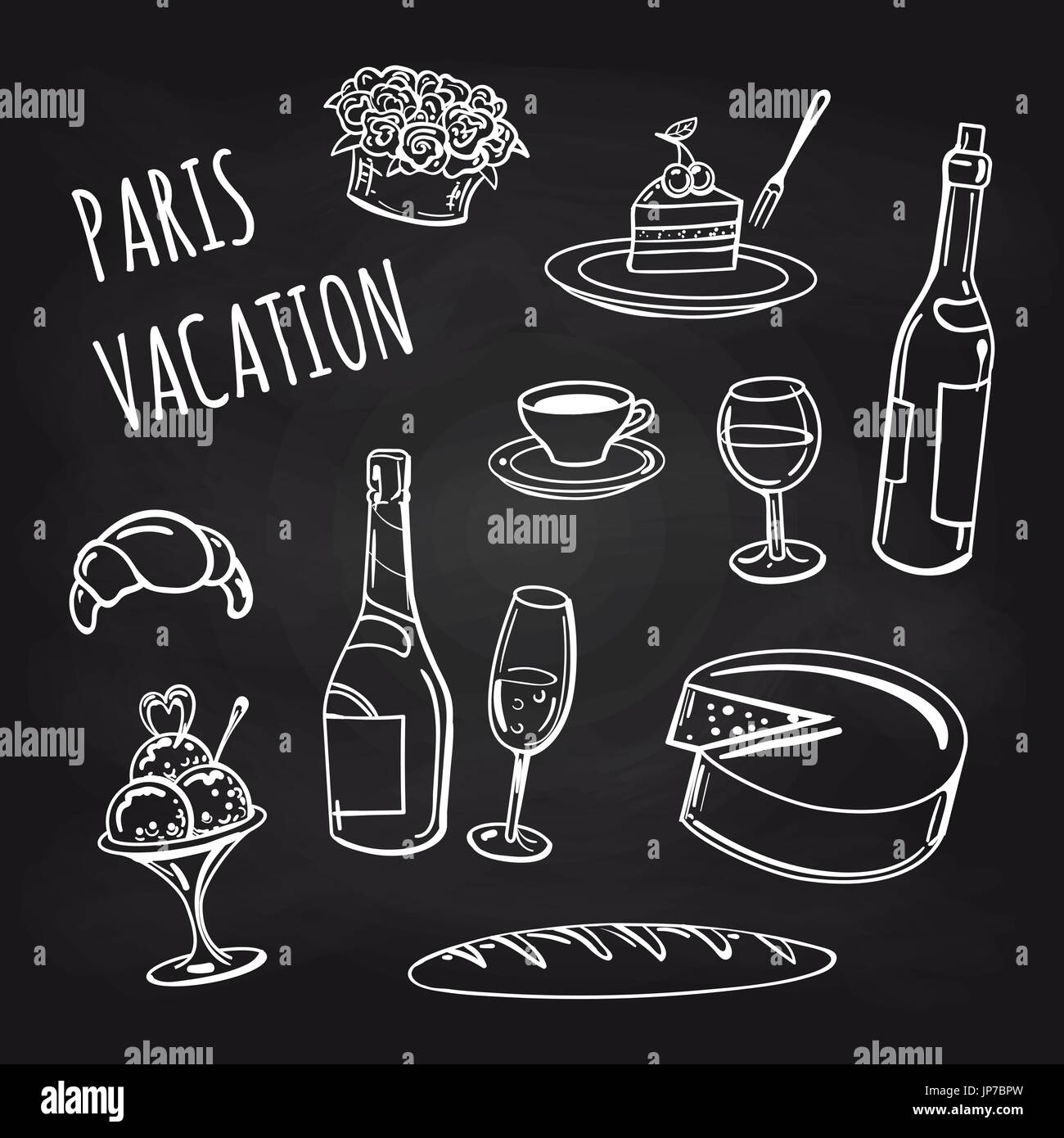 Paris vacation food and drinks collection on chalkboard background ...