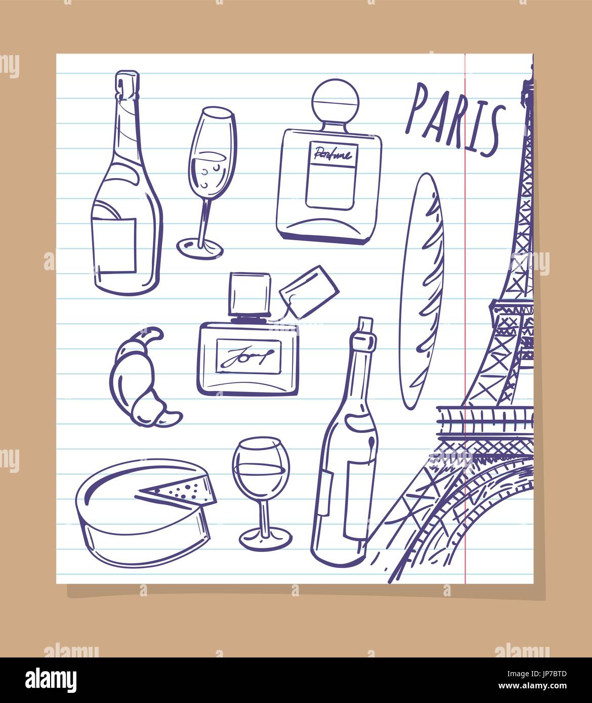 Symbols of Paris sketch. Vector popular french food, drinks and perfume ...