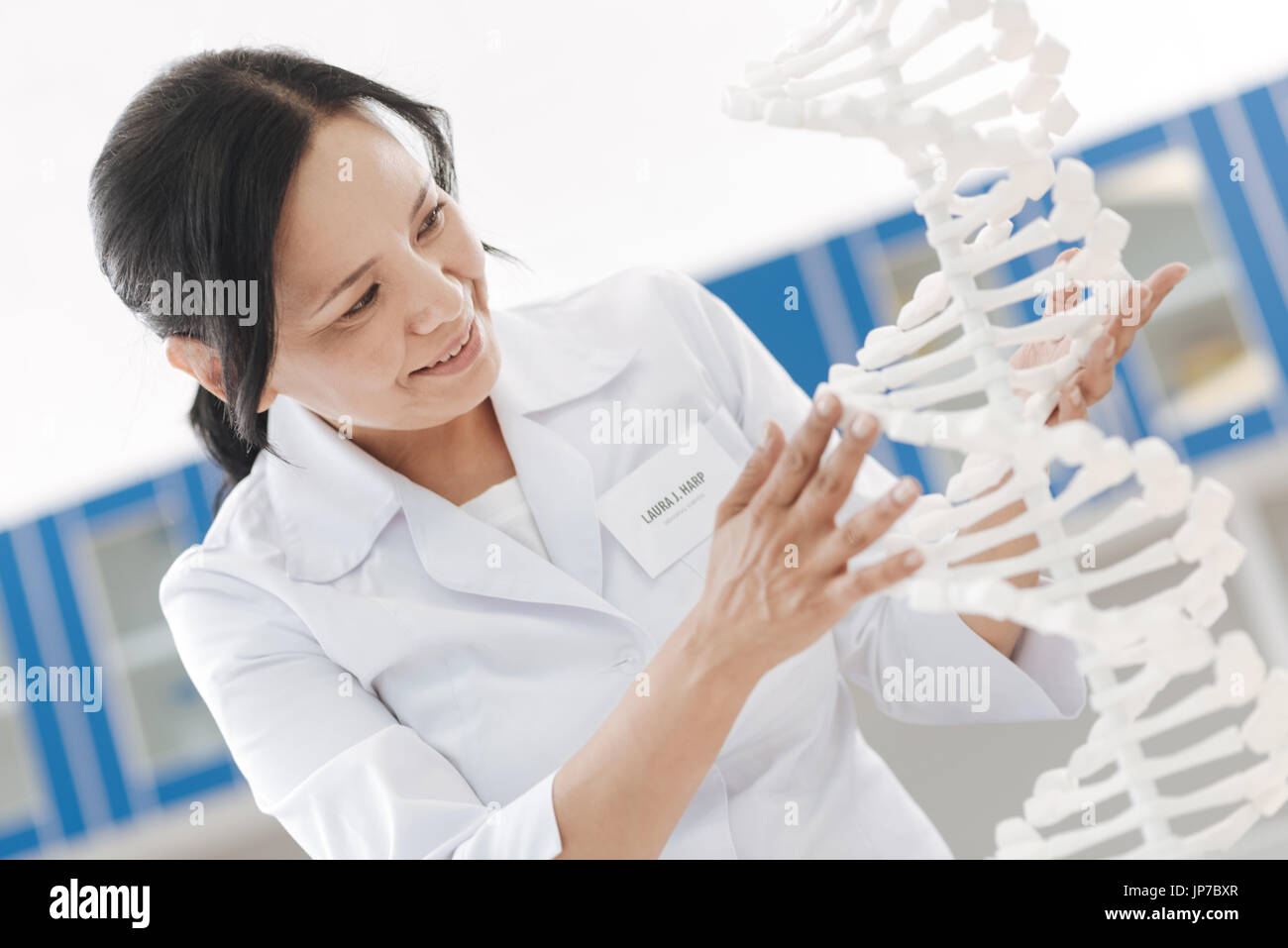 Cheerful intelligent scientist touching the DNA model Stock Photo - Alamy