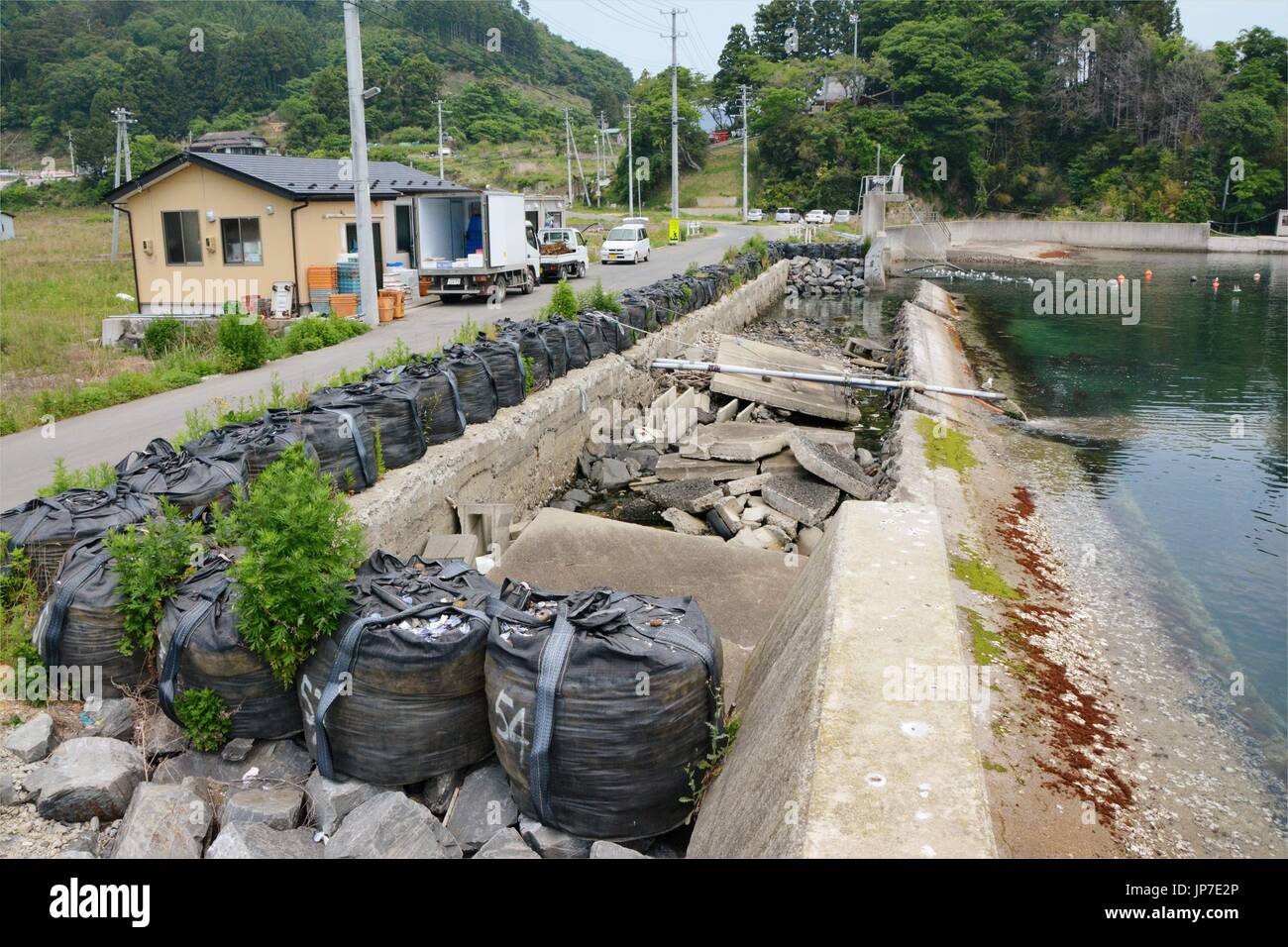 An embankment damaged by the 2011 earthquake and tsunami disaster ...