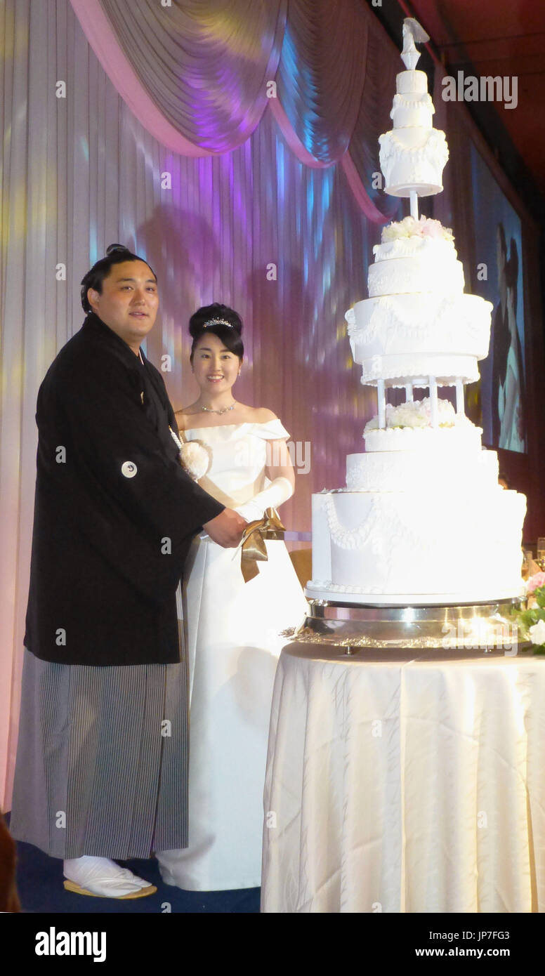 Sumo wrestler Okinoumi has a wedding reception in a Tokyo hotel on June ...
