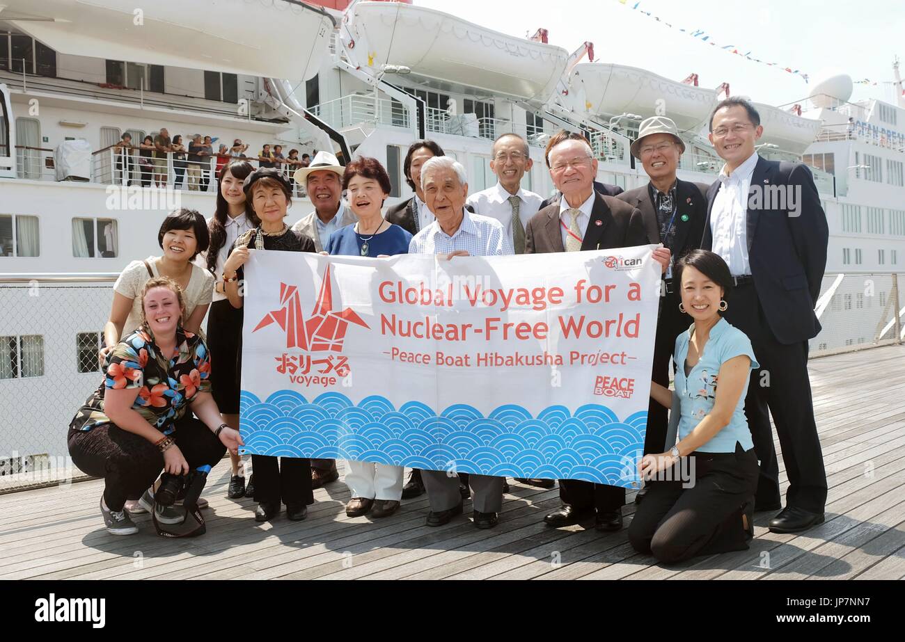 Nobuo Miyake (C), one of the eight atomic bomb survivors on board a ...