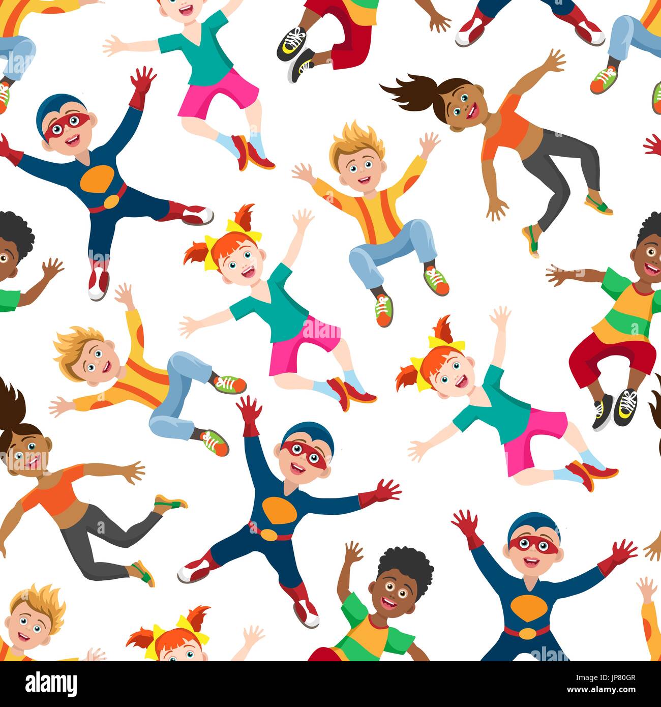 Cute happy kids seamless pattern, energy girls and boys background ...