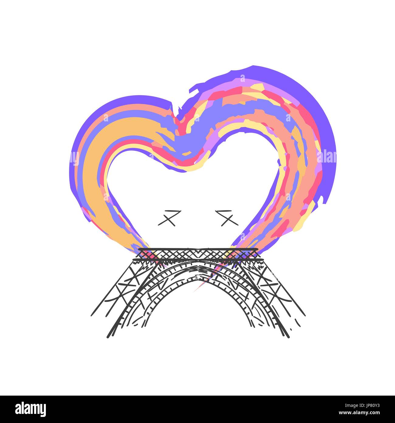 Eiffel tower with colorful bright heart isolated on white background ...