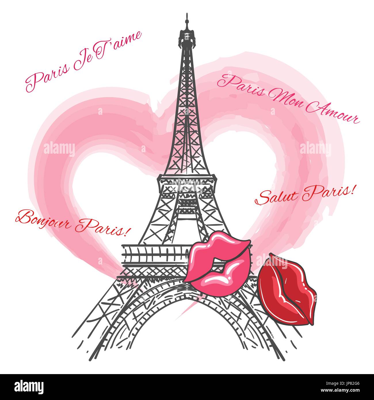 Love Paris poster with Eiffel tower, heart and lips, vector ...