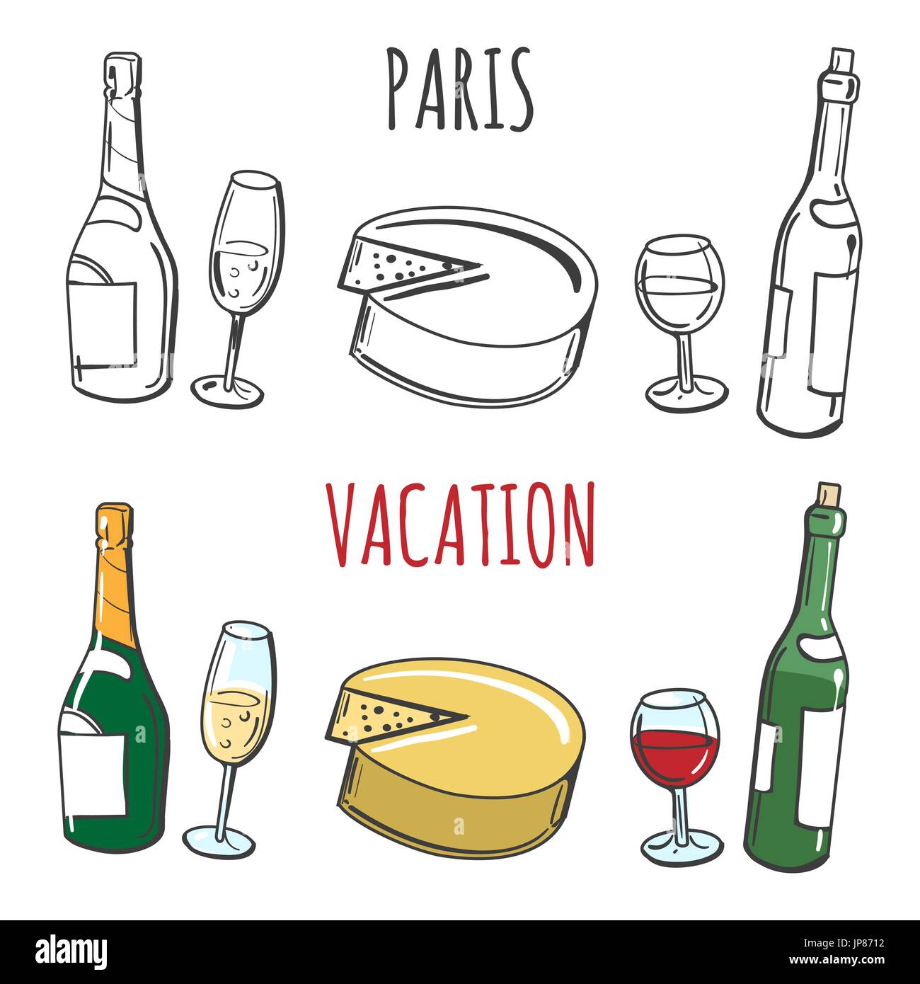 Coloring page Paris vacation with popular french food. Vector icons of ...