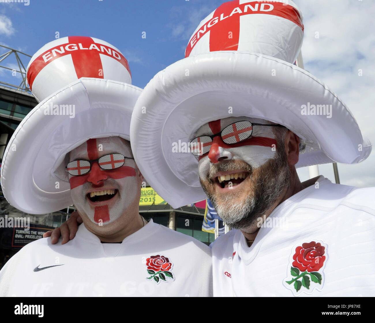 England fans pose for a photo ahead of a Rugby World Cup game against ...