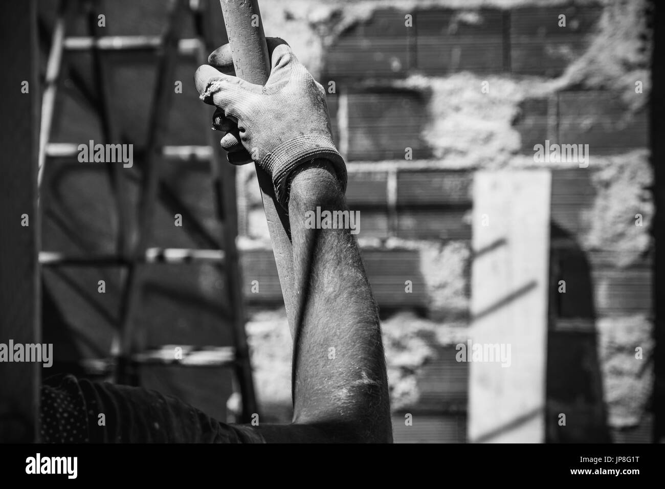 Man in construction work place Black and White Stock Photos & Images ...