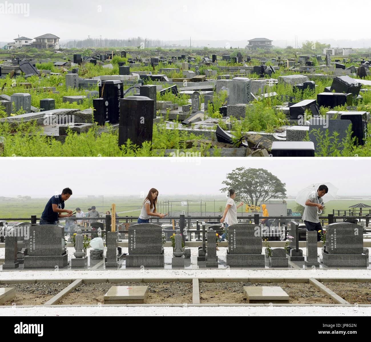 Top photo taken Aug. 13, 2015 shows a burial ground with gravestones ...