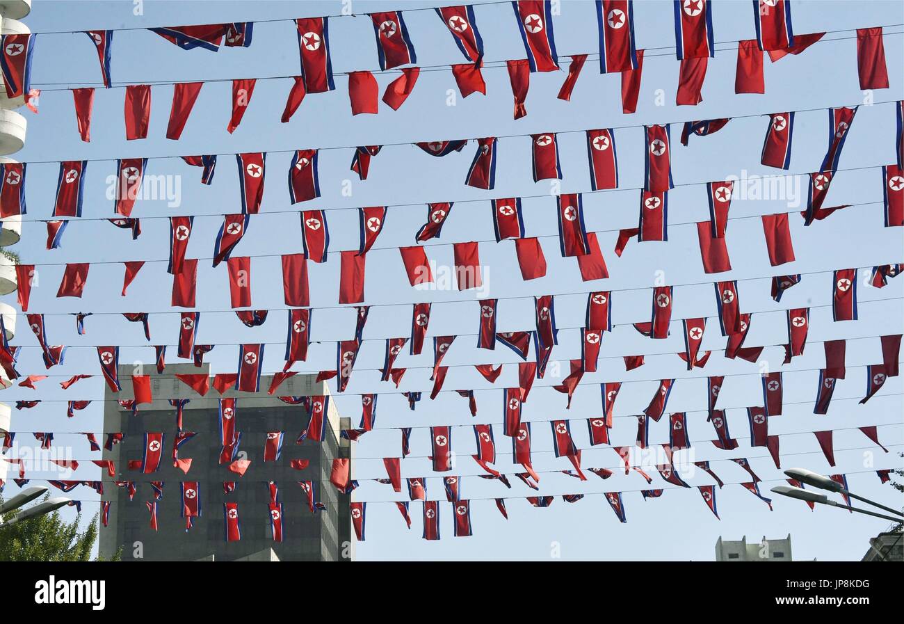 Hundreds of North Korean flags decorate the city of Pyongyang on Oct. 9 ...