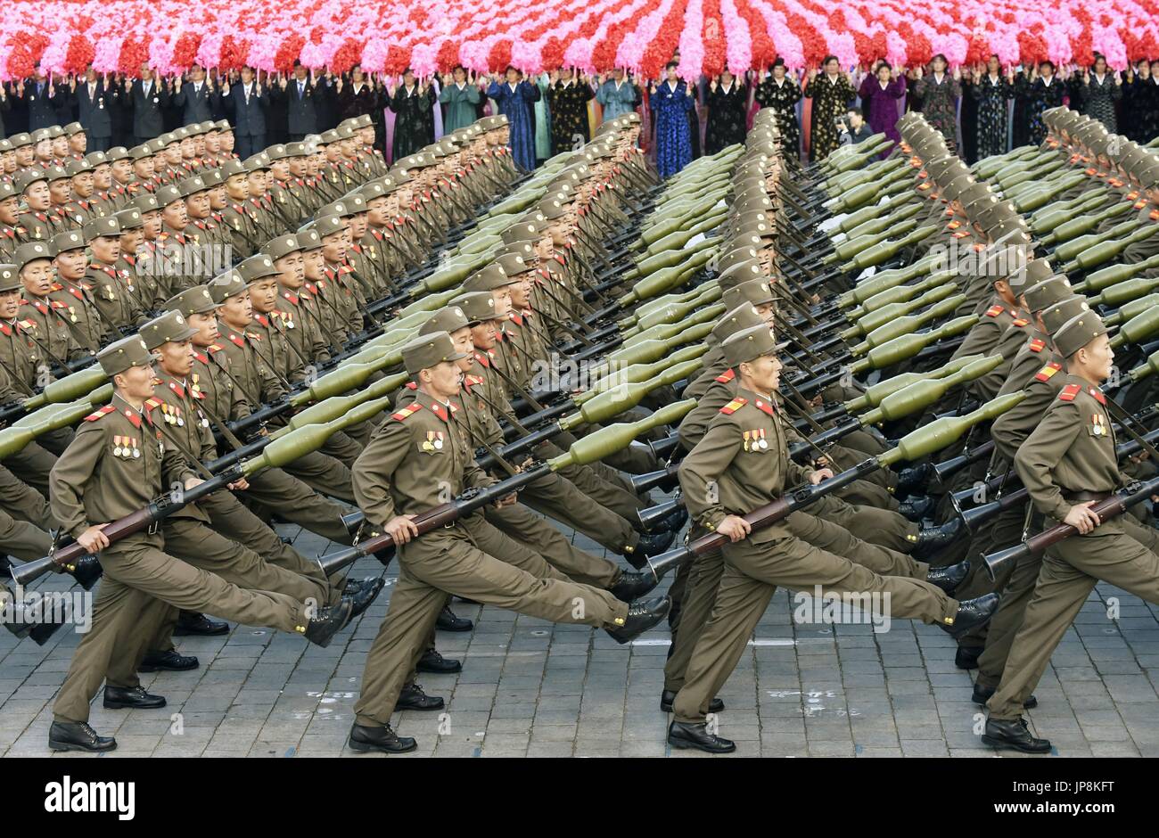 North Korean soldiers march during a military parade in Kim Il Sung ...