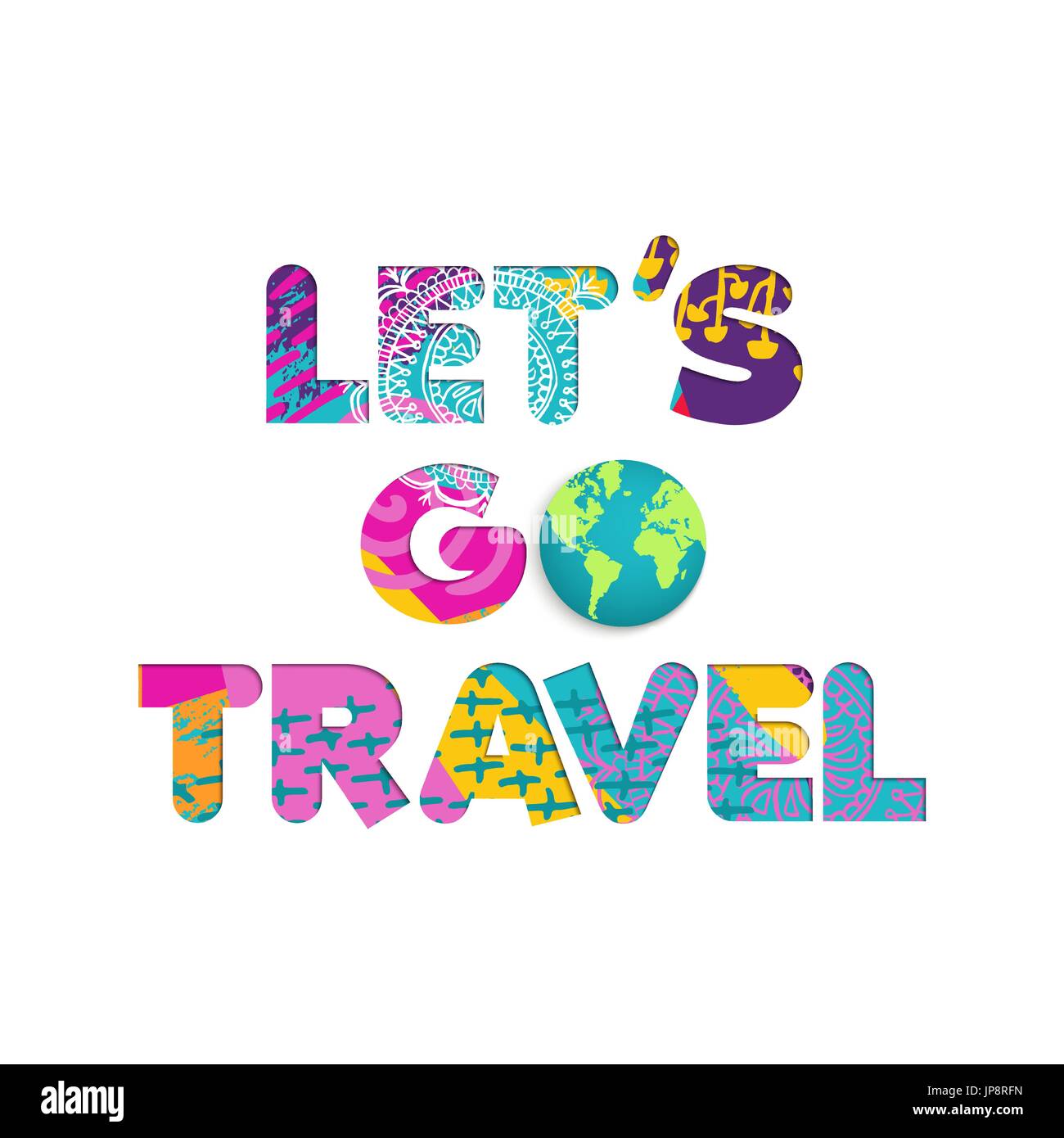 Travel the world color quote, typography design in paper cut style. Fun ...
