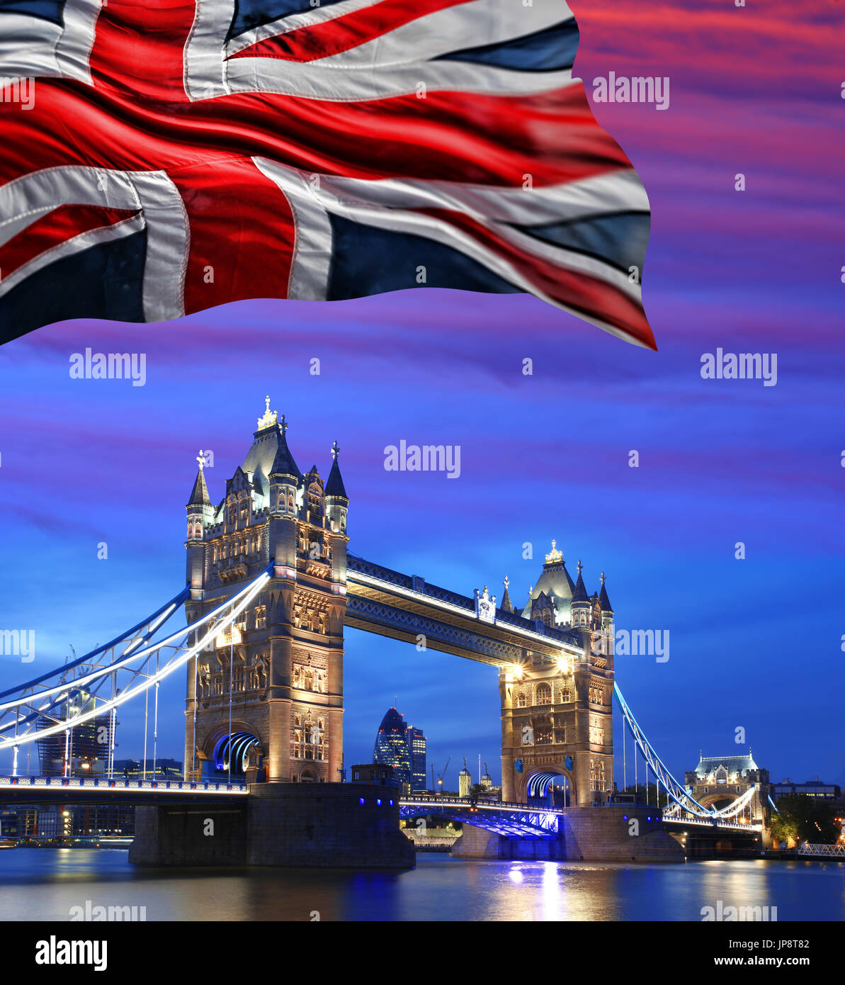 Famous London Tower Bridge with flag of England Stock Photo - Alamy