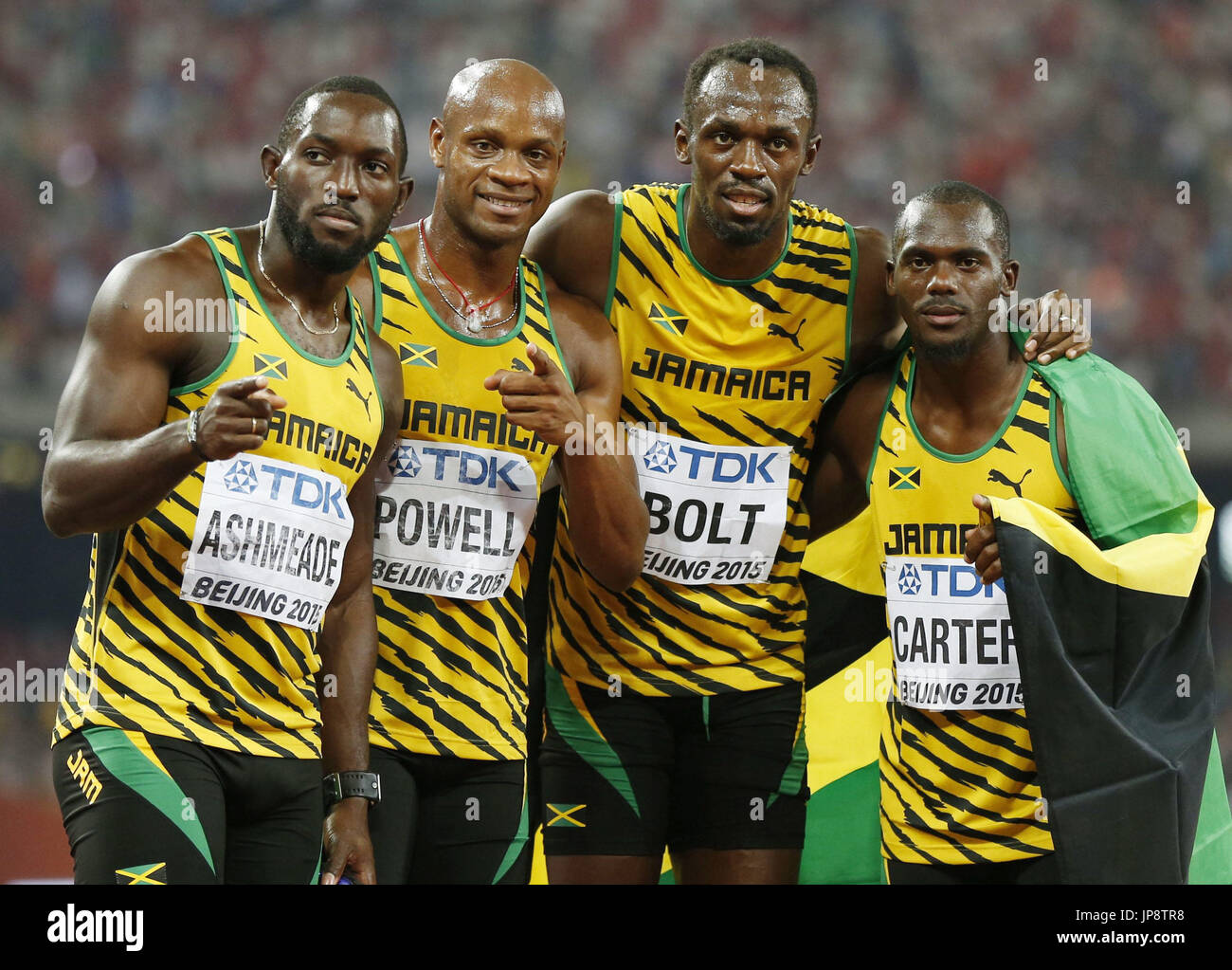 (From L) Jamaica's Nickel Ashmeade, Asafa Powell, Usain Bolt and Nesta ...