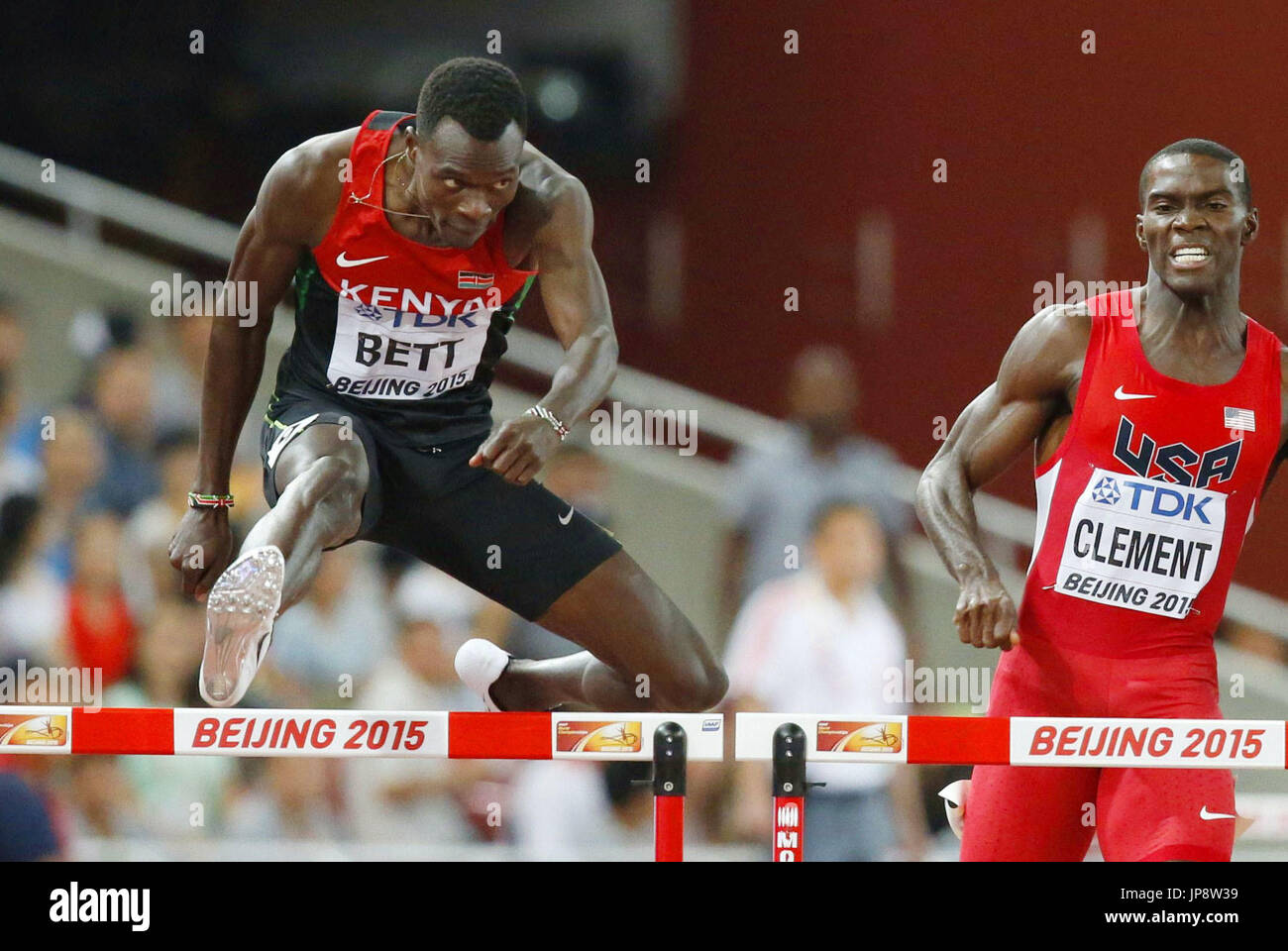 Kenya's Nicholas Bett (L) competes in the men's 400-meter hurdles final ...