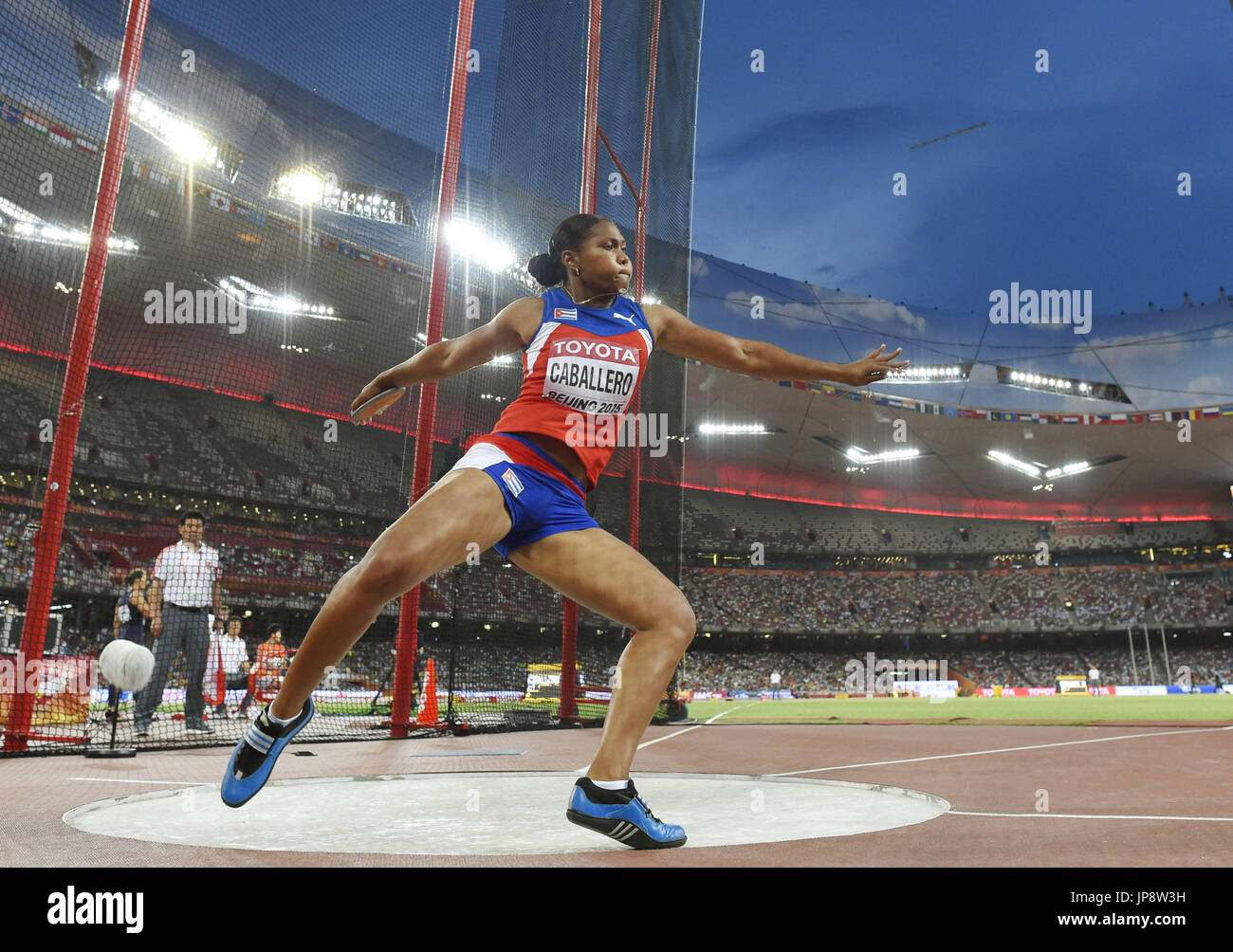 Cuba's Denia Caballero competes in the women's discus throw at the IAAF ...
