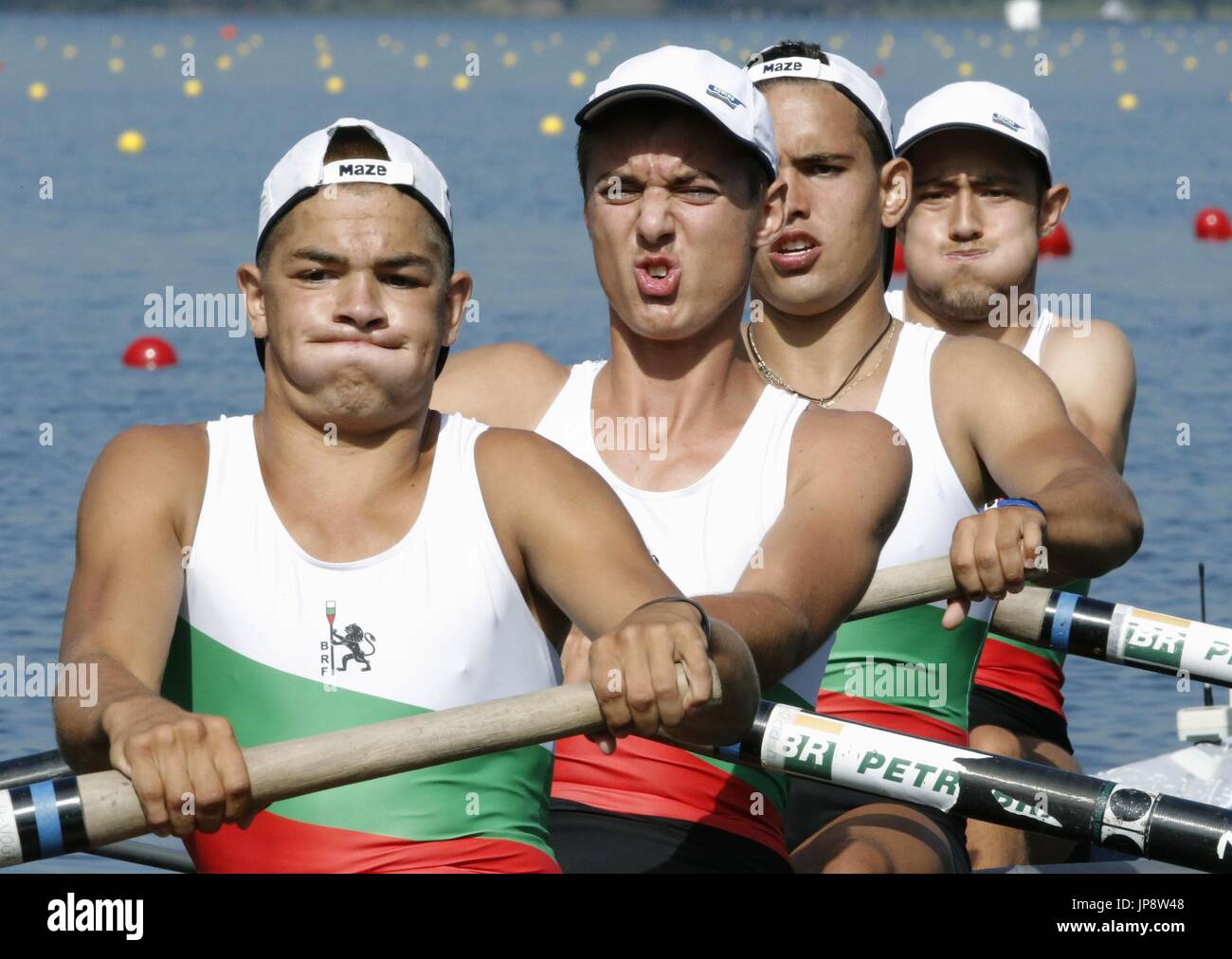 A Bulgarian rowing four makes a start at the World Rowing Junior ...
